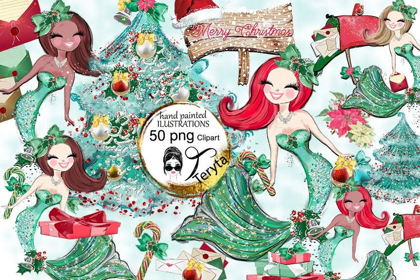 Little Mermaids Christmas Clipart Png, Cute Mermaids Illustrations ...