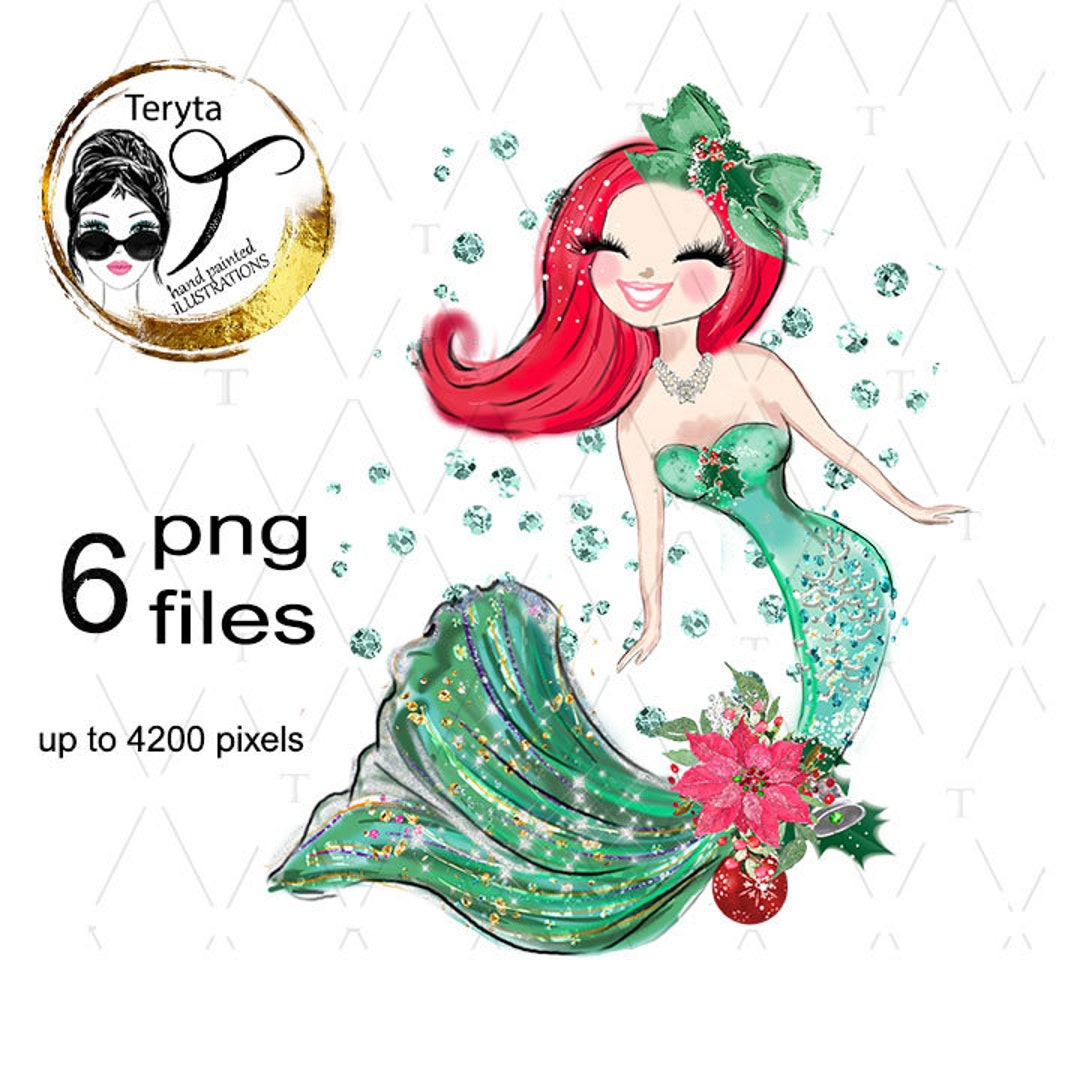 Christmas Mermaid Clipart, Cute Mermaid Art Illustration, Kids Print ...