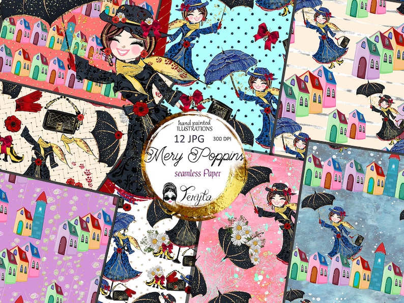 Mary Poppins Digital Paper: Magical Girl Illustration, Seamless Pattern ...