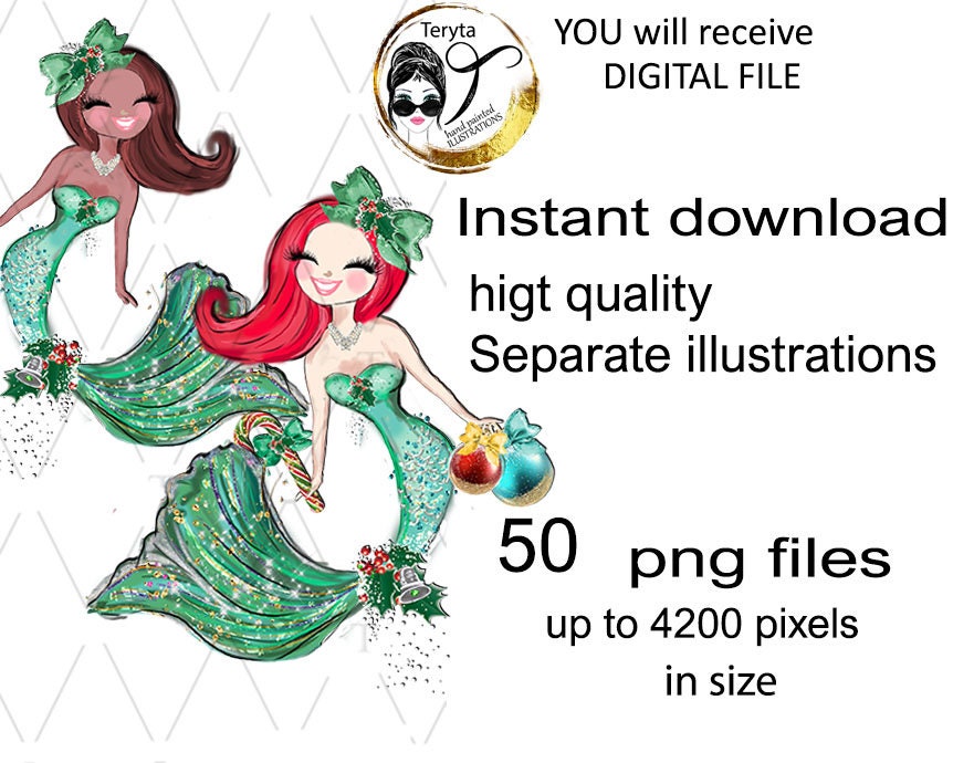 Little Mermaids Christmas Clipart Png, Cute Mermaids Illustrations ...