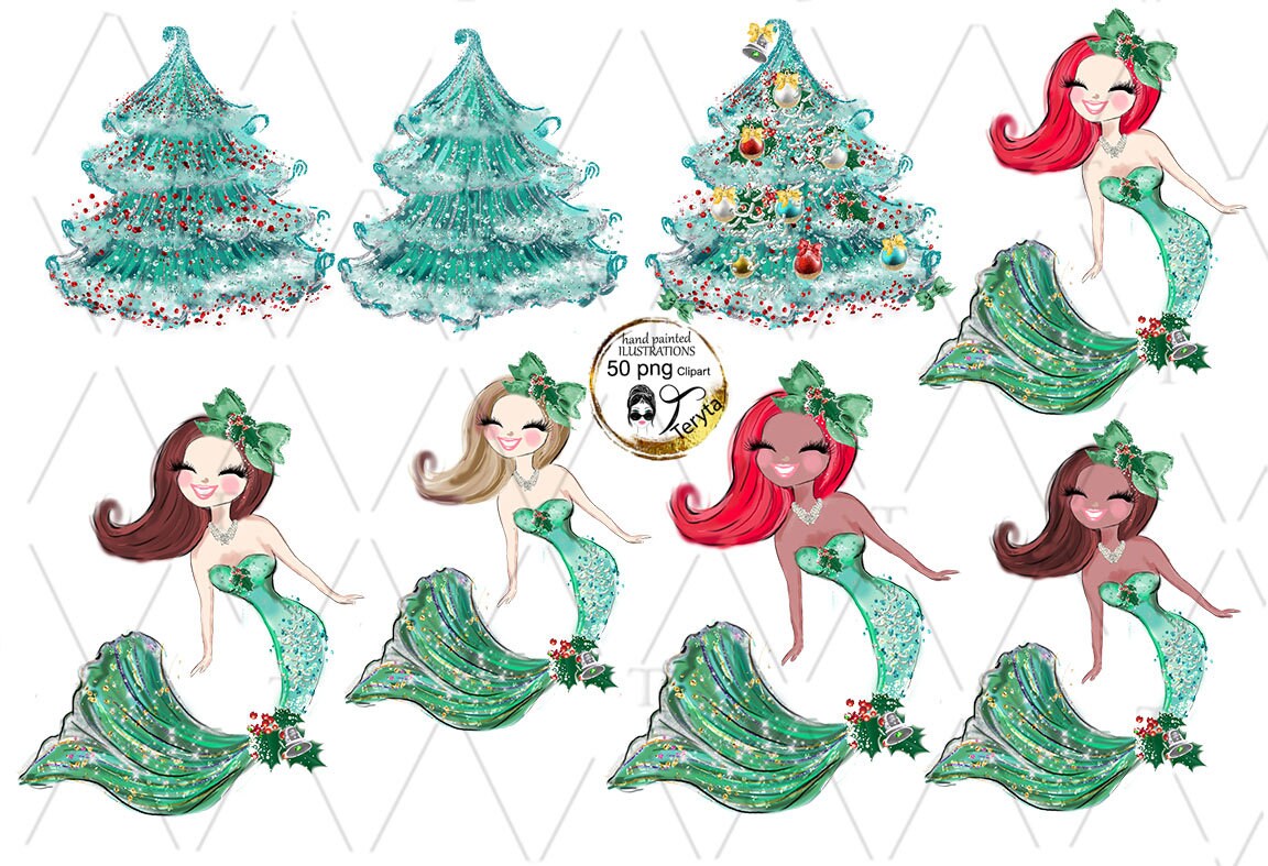 Little Mermaids Christmas Clipart Png, Cute Mermaids Illustrations ...