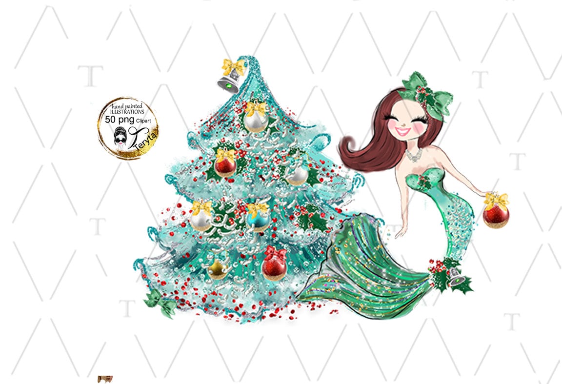 Little Mermaids Christmas Clipart Png, Cute Mermaids Illustrations ...