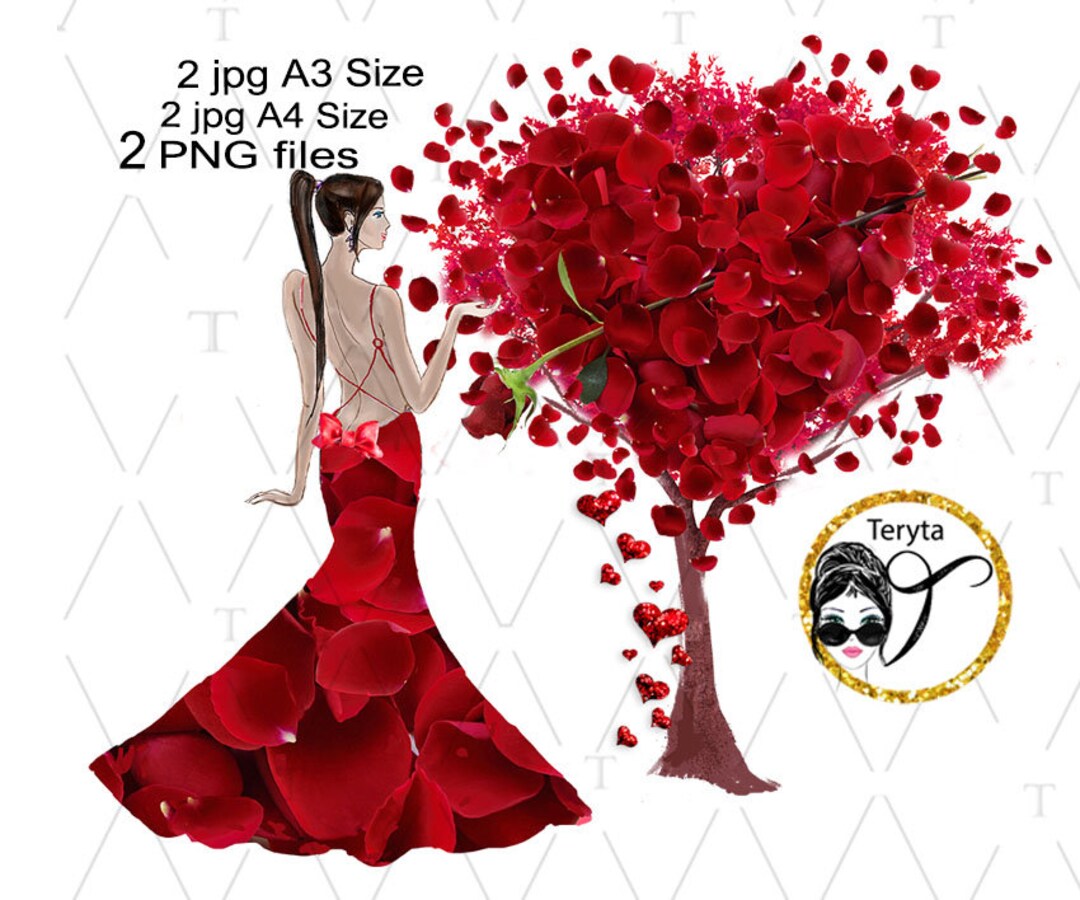 Valentines Day Red Roses Heart Love Tree Print, Valentine Girl Clipart ...