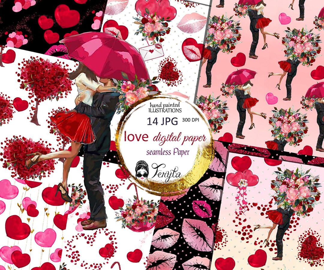 Love Romantic Digital Paper Love Hearts Valentine's Day Love Couple ...