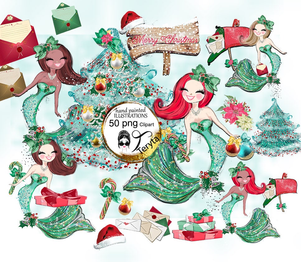 Little Mermaids Christmas Clipart Png, Cute Mermaids Illustrations ...