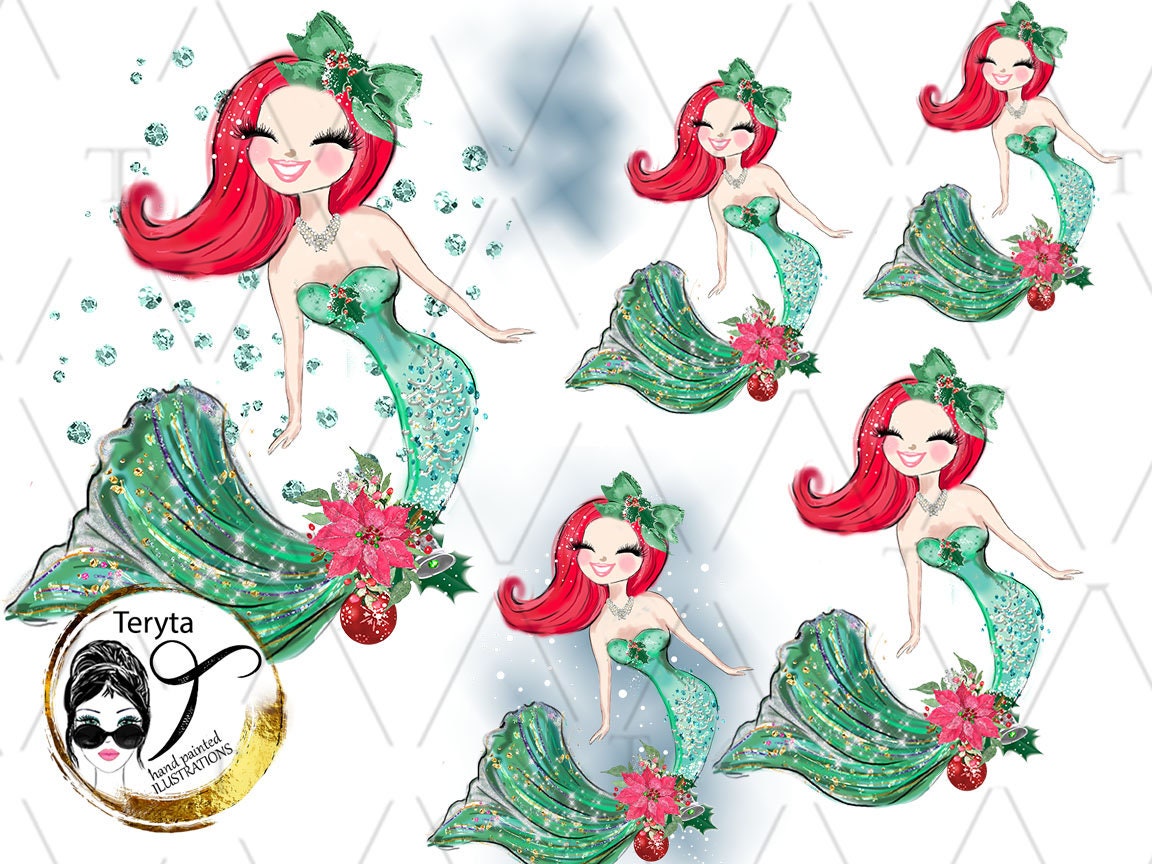 Christmas Mermaid Clipart, Cute Mermaid Art Illustration, Kids Print ...