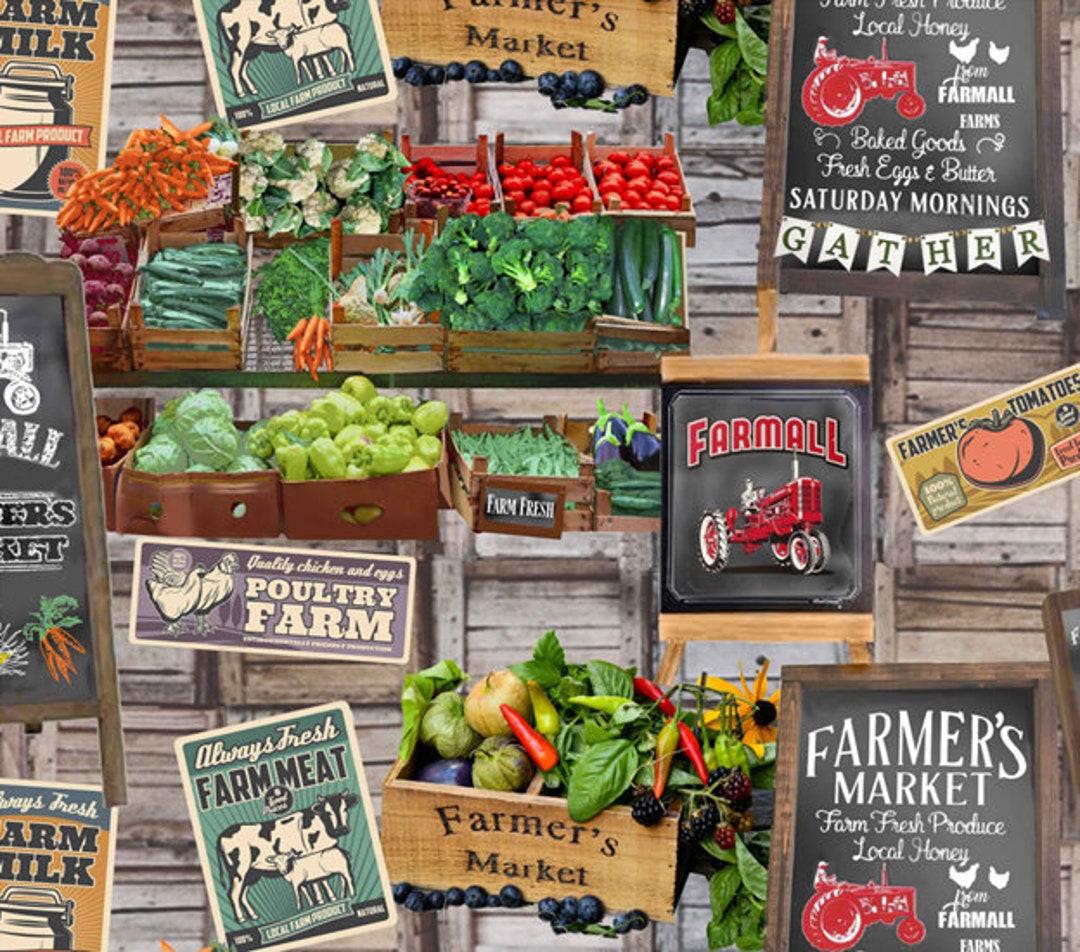 Farmall Farm to Table Farmers Market Allover. 100% Cotton Fabric by the ...