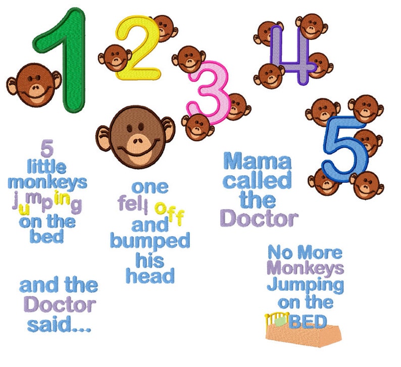 Five Little Monkeys Machine Embroidery Design Set 4X4 - Etsy