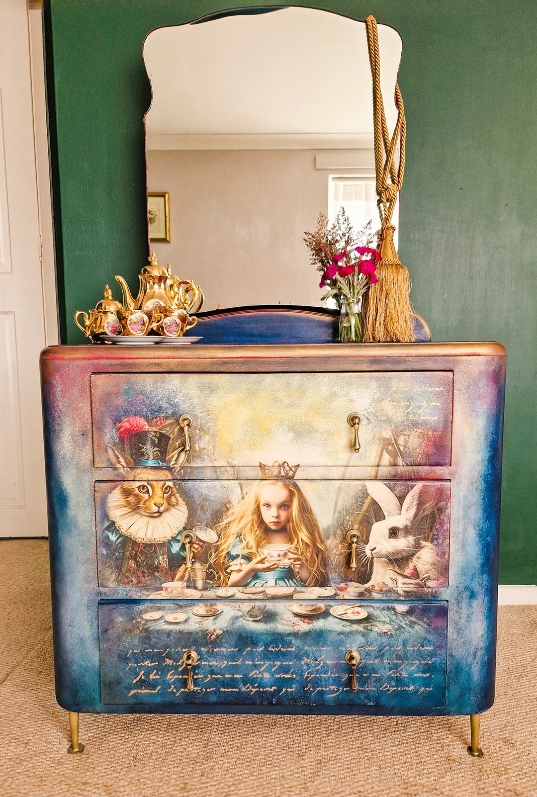Alice in Wonderland Themed Upcycled Hand Painted and Decoupaged Vintage ...