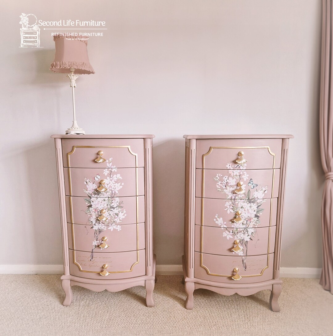 Pair of Stunning Tall French Style Refinished Bedside Drawers in Dusky ...