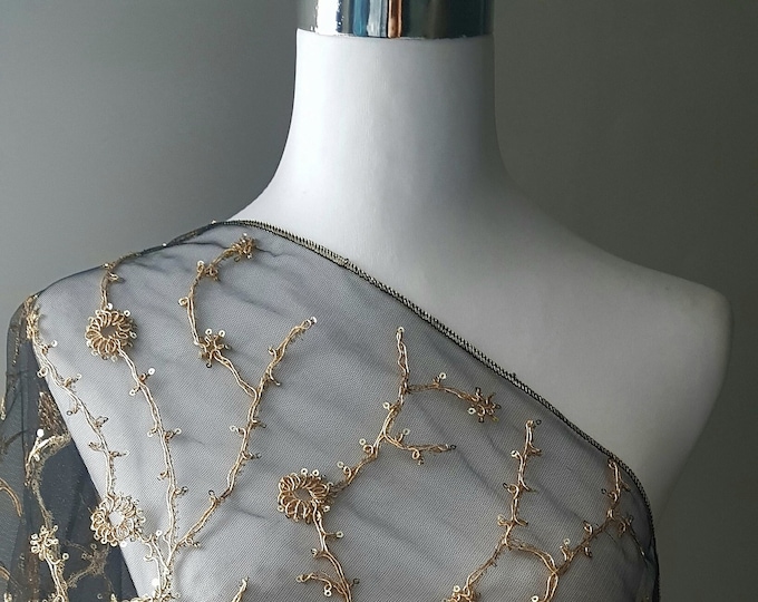Black and Gold Shawl. Black Net Scarf. Black Scarf With Gold Embroidery ...