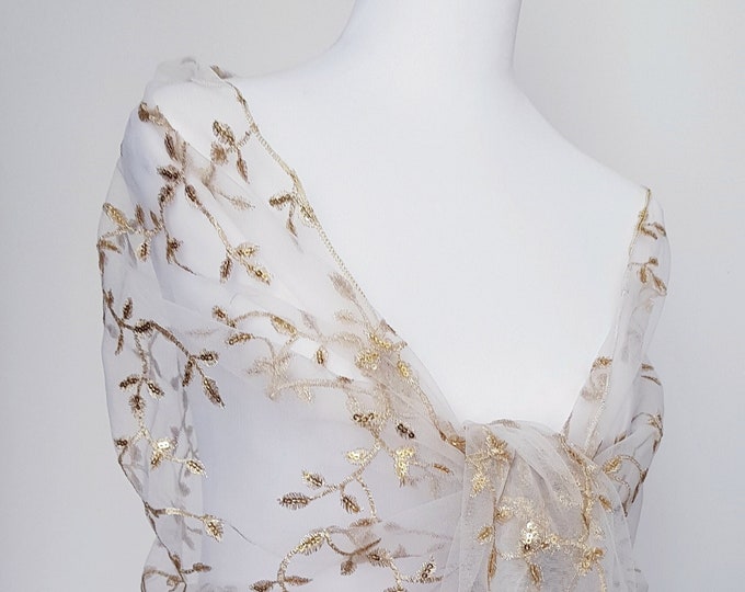 Gold Shawl. Gold Scarf. Gold Net Shawl. Gold Thread Embroidery on White ...