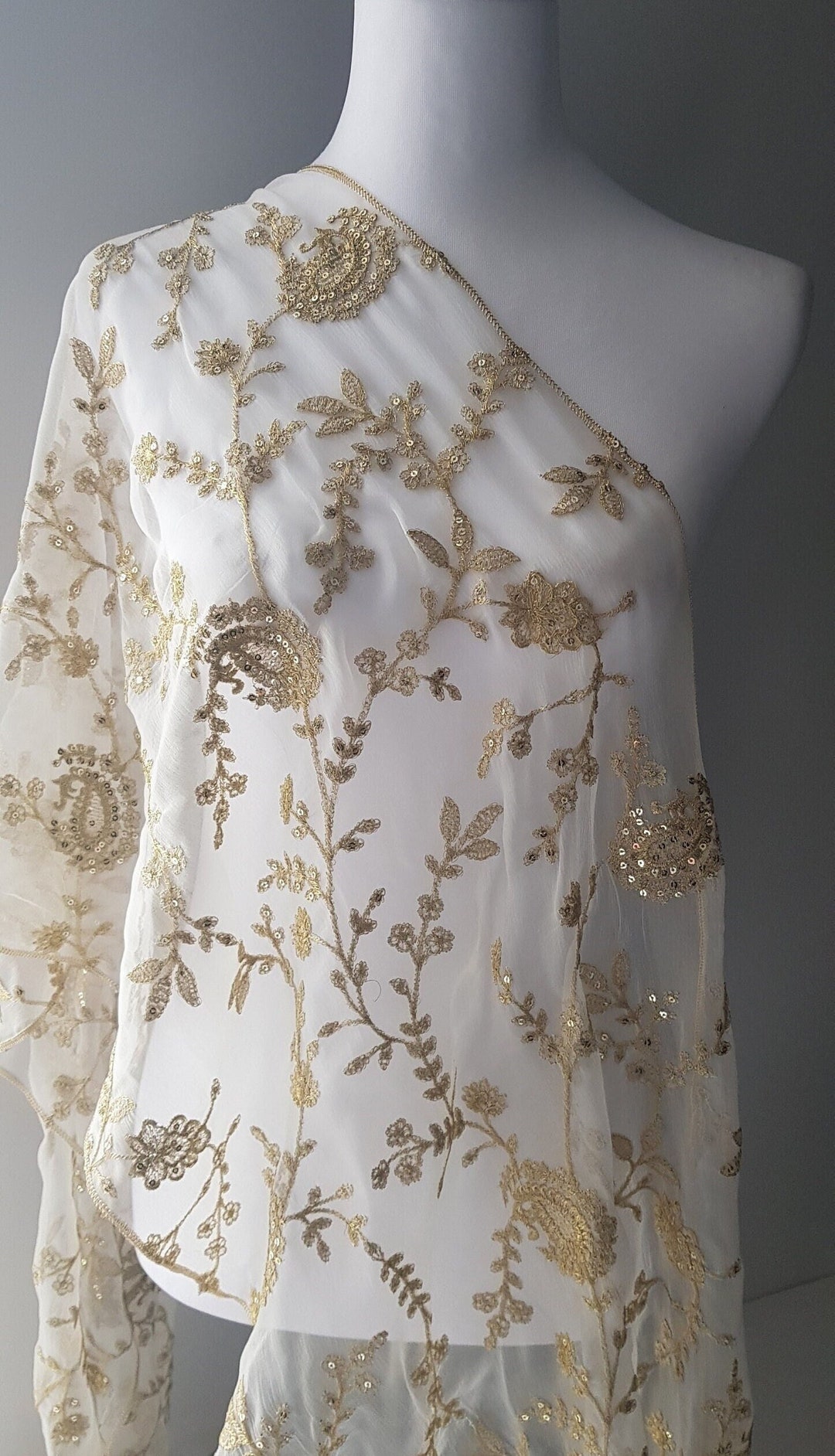 Gold Shawl, Ivory Chiffon Shawl With Gold Floral Embroidery. Gold Shawl ...