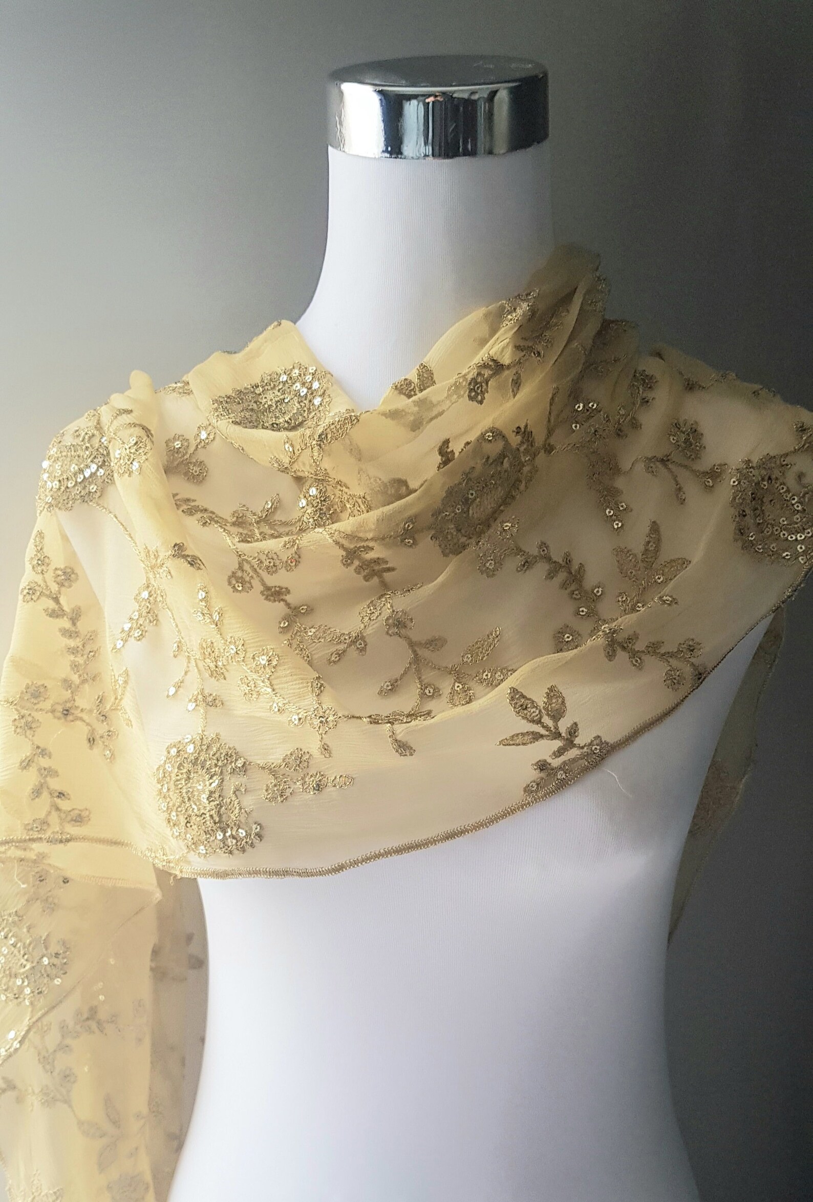 Gold Chiffon Shawl, Floral Scarf, Gold Floral Shawl, Gold Shawl, Gold ...