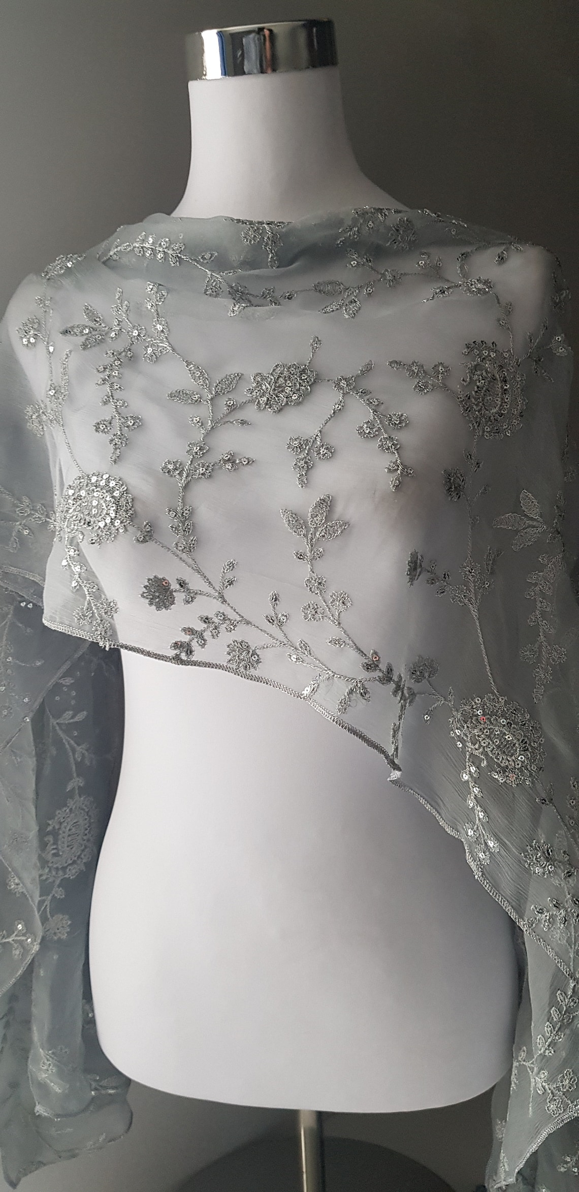 Silver Shawl Grey Chiffon Shawl With Silver Floral - Etsy