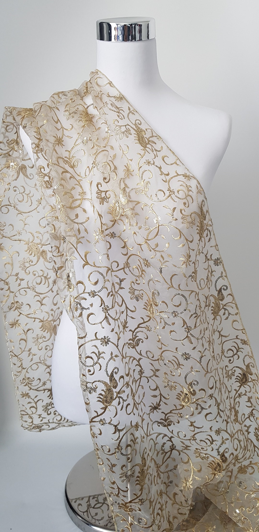 Gold Shawl. Gold Scarf. Gold Embroidery on Ivory Organza Shawl. Gold ...
