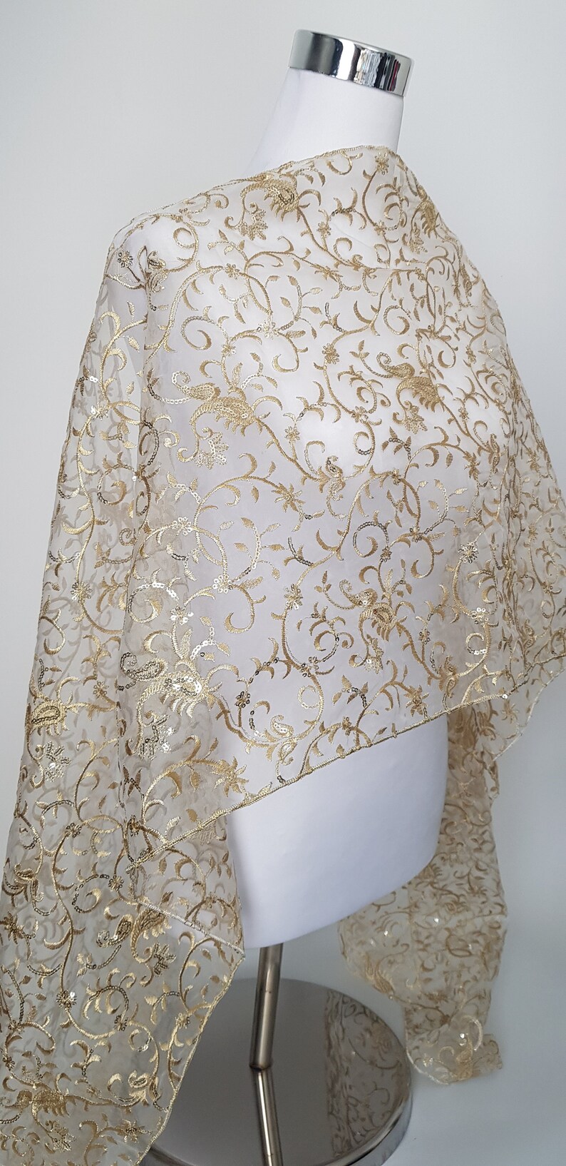 Gold Shawl. Gold Scarf. Gold Embroidery on Ivory Organza Shawl. Gold ...