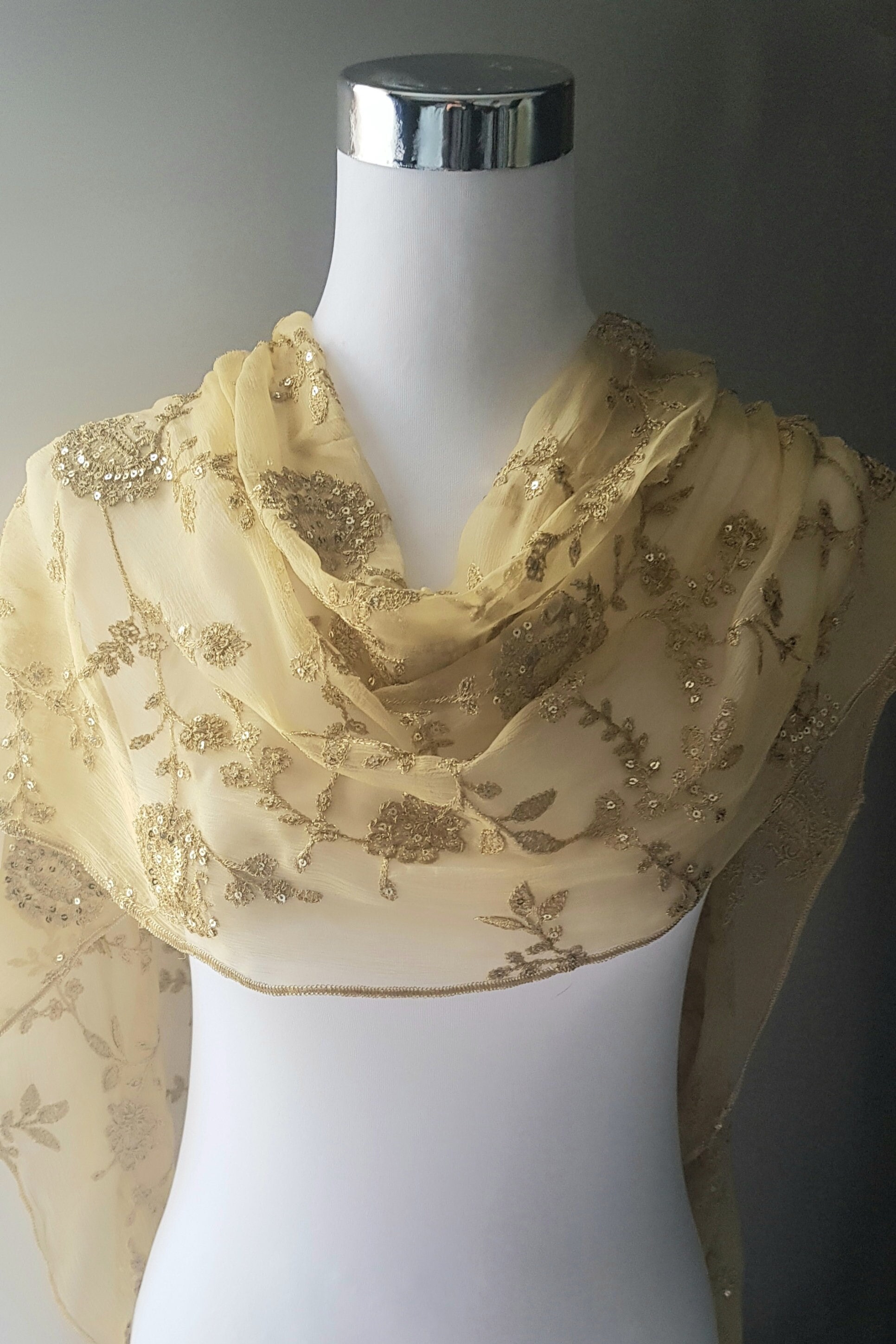 Gold Chiffon Shawl, Floral Scarf, Gold Floral Shawl, Gold Shawl, Gold ...