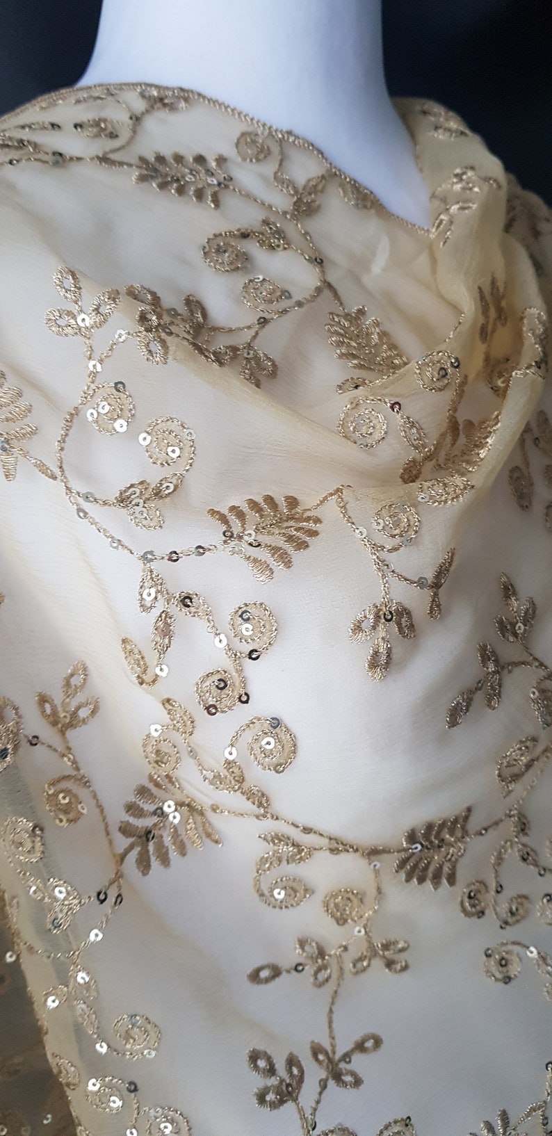 Gold Chiffon Shawl, Floral Scarf, Gold Floral Shawl, Gold Shawl, Gold ...