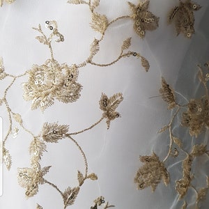 Gold Net Shawl, Floral Wrap, Gold Embroidered Scarf, Gold Wrap, Gold ...
