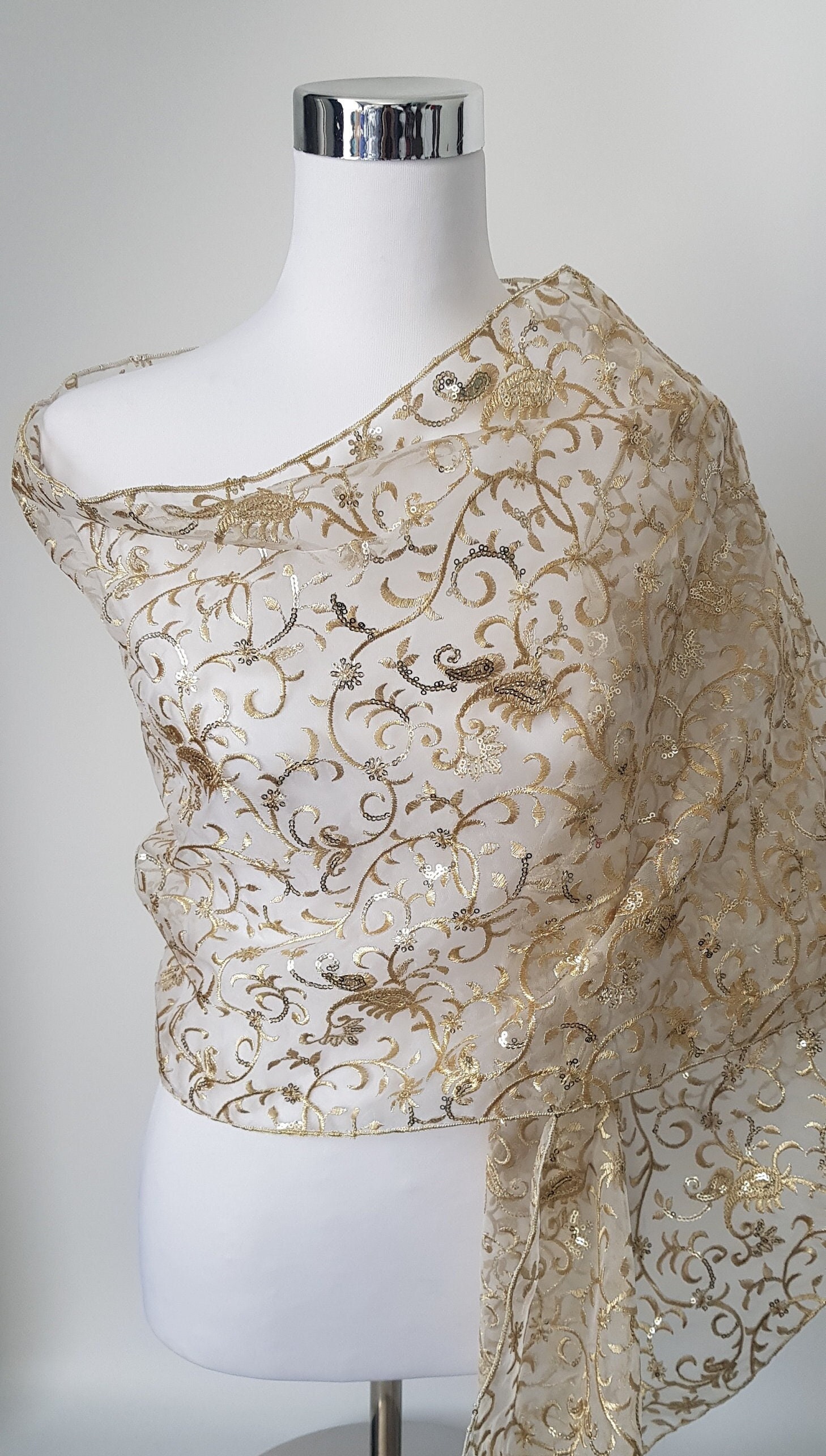 Gold Shawl. Gold Scarf. Gold Embroidery on Ivory Organza Shawl. Gold ...