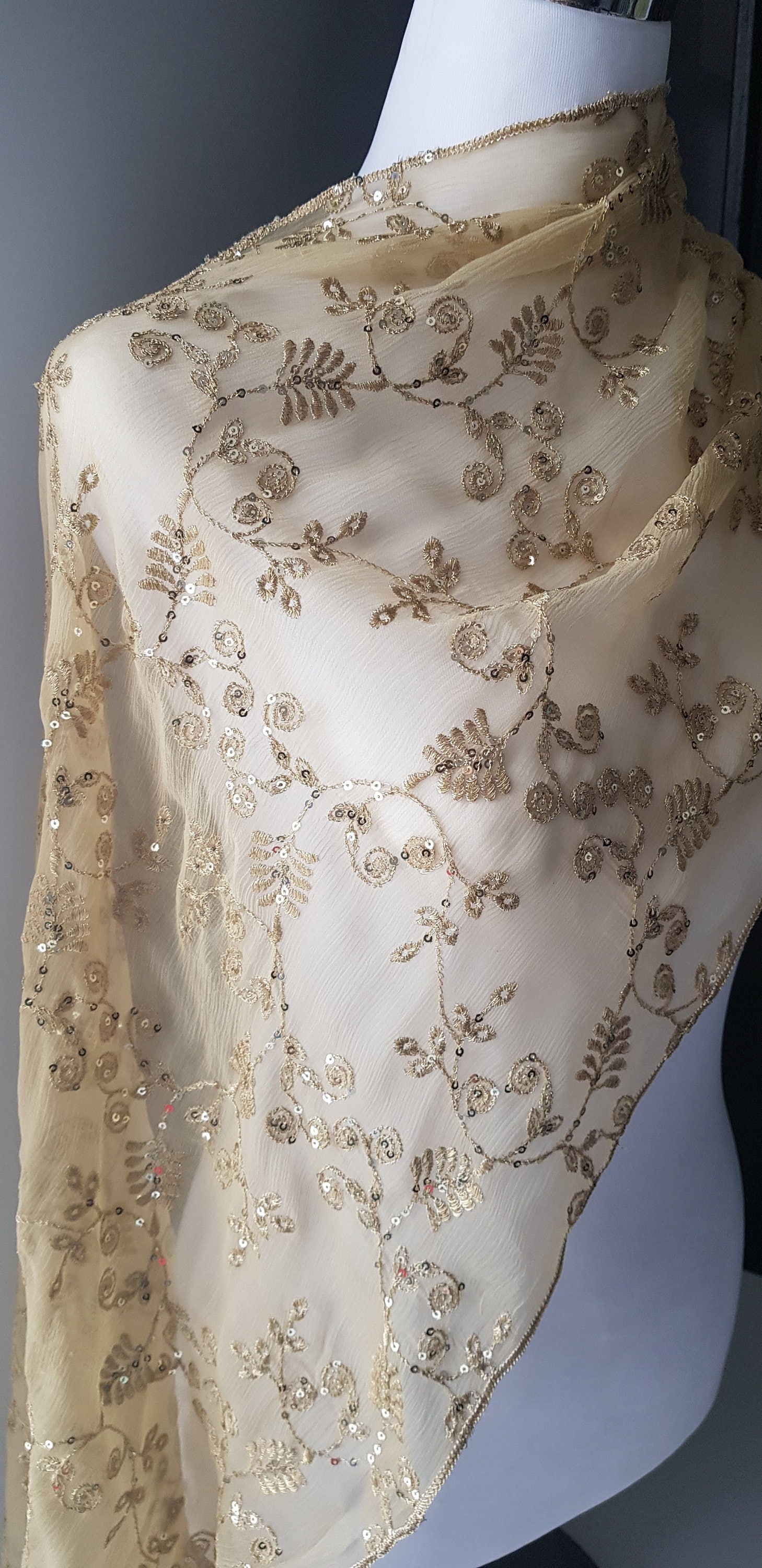 Gold Chiffon Shawl, Floral Scarf, Gold Floral Shawl, Gold Shawl, Gold ...