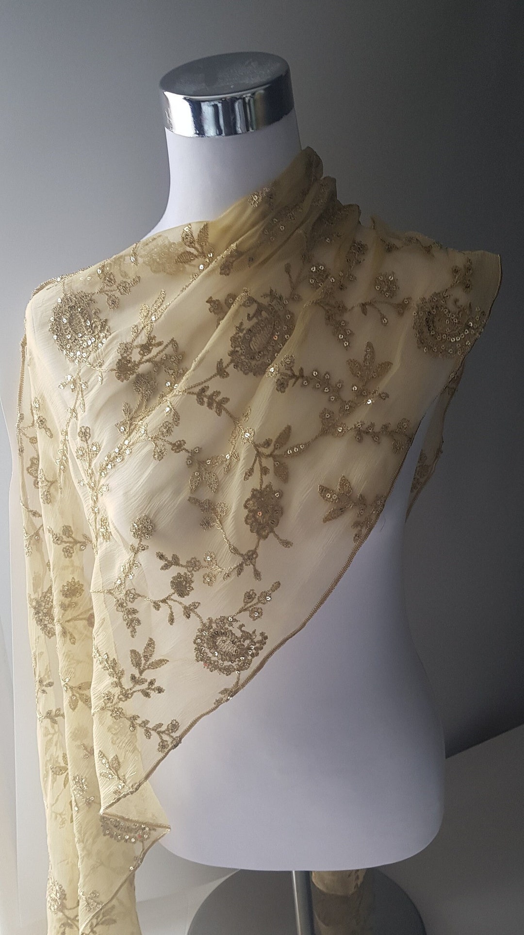 Gold Chiffon Shawl, Floral Scarf, Gold Floral Shawl, Gold Shawl, Gold ...