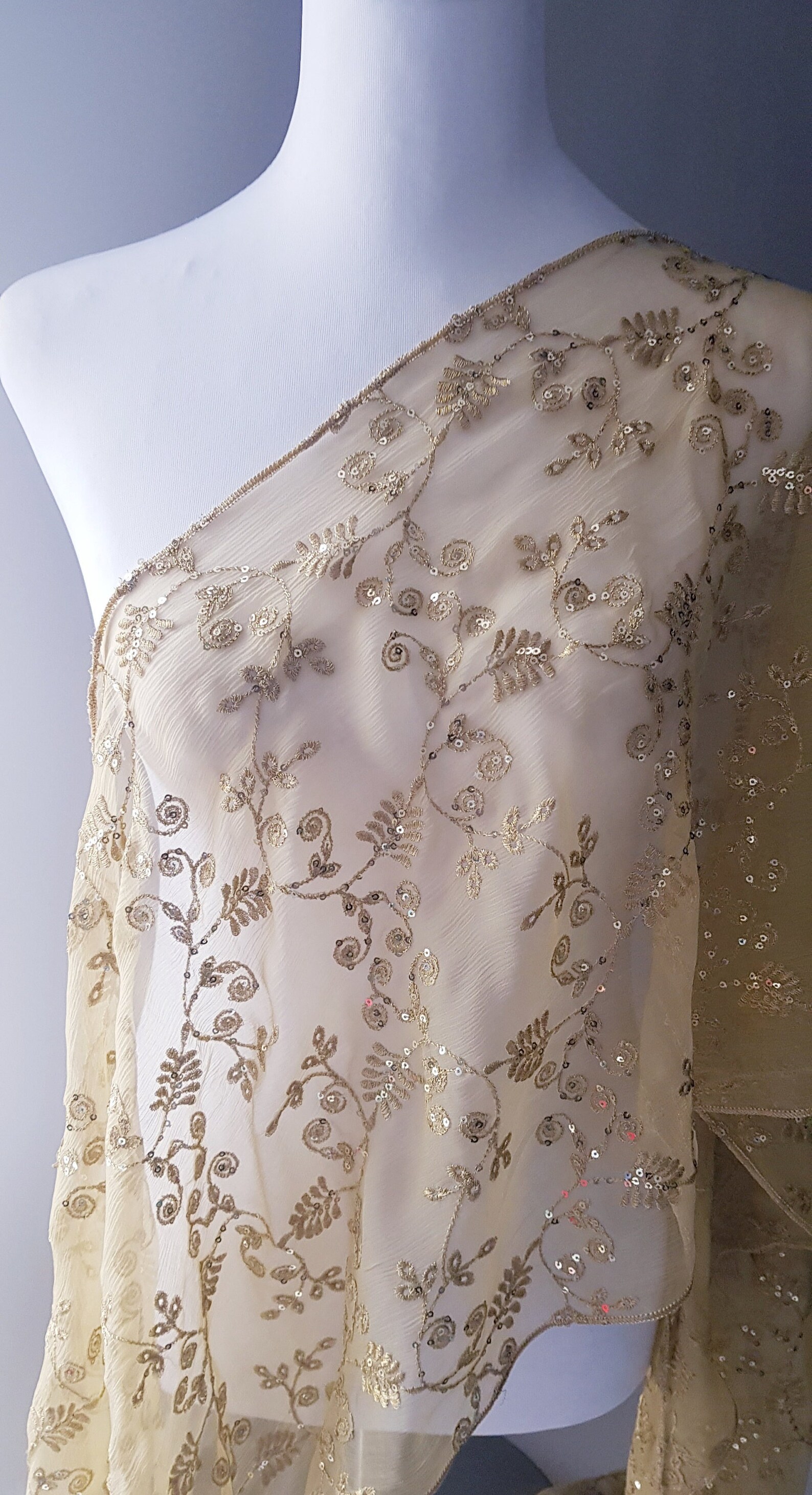 Gold Chiffon Shawl, Floral Scarf, Gold Floral Shawl, Gold Shawl, Gold ...