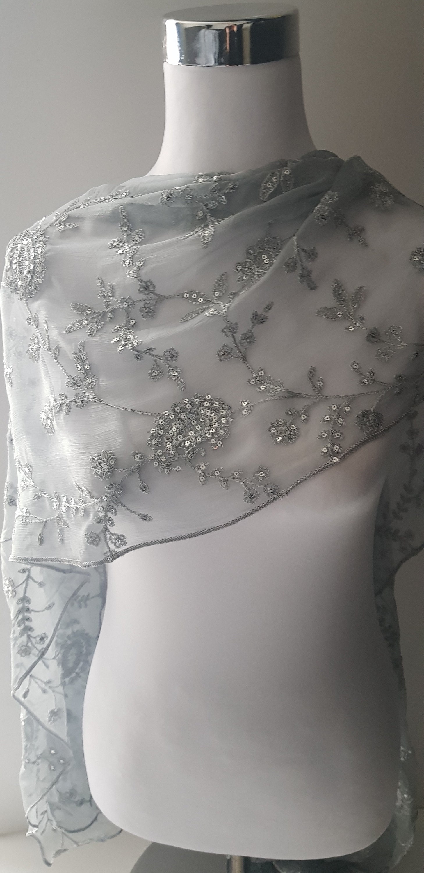 Silver Shawl Grey Chiffon Shawl With Silver Floral - Etsy