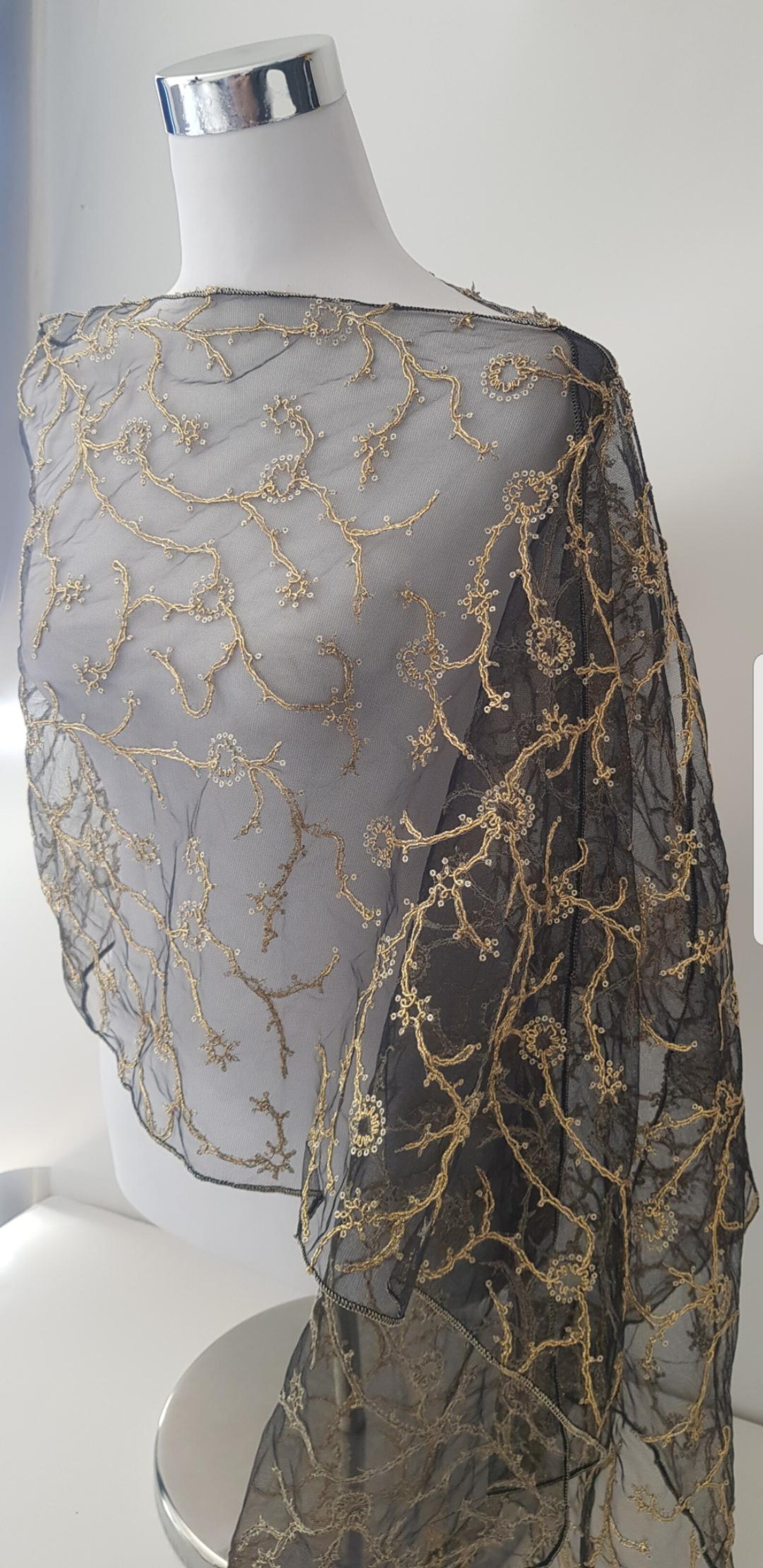 Black and Gold Shawl. Black Net Scarf. Black Scarf With Gold Embroidery ...