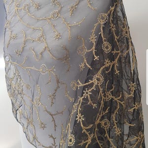 Black and Gold Shawl. Black Net Scarf. Black Scarf With Gold Embroidery ...