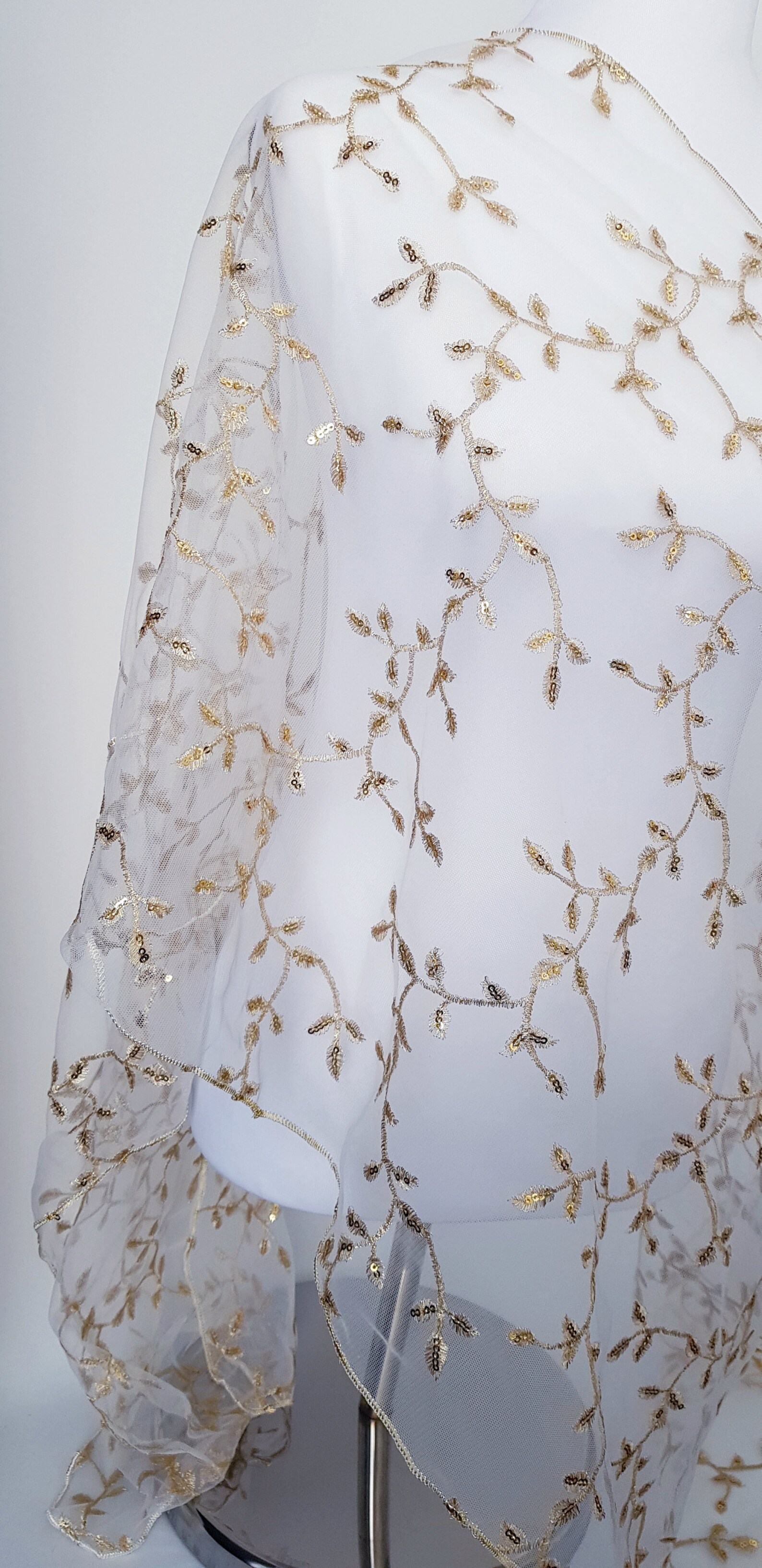 Gold Shawl. Gold Scarf. Gold Net Shawl. Gold Thread Embroidery on White ...