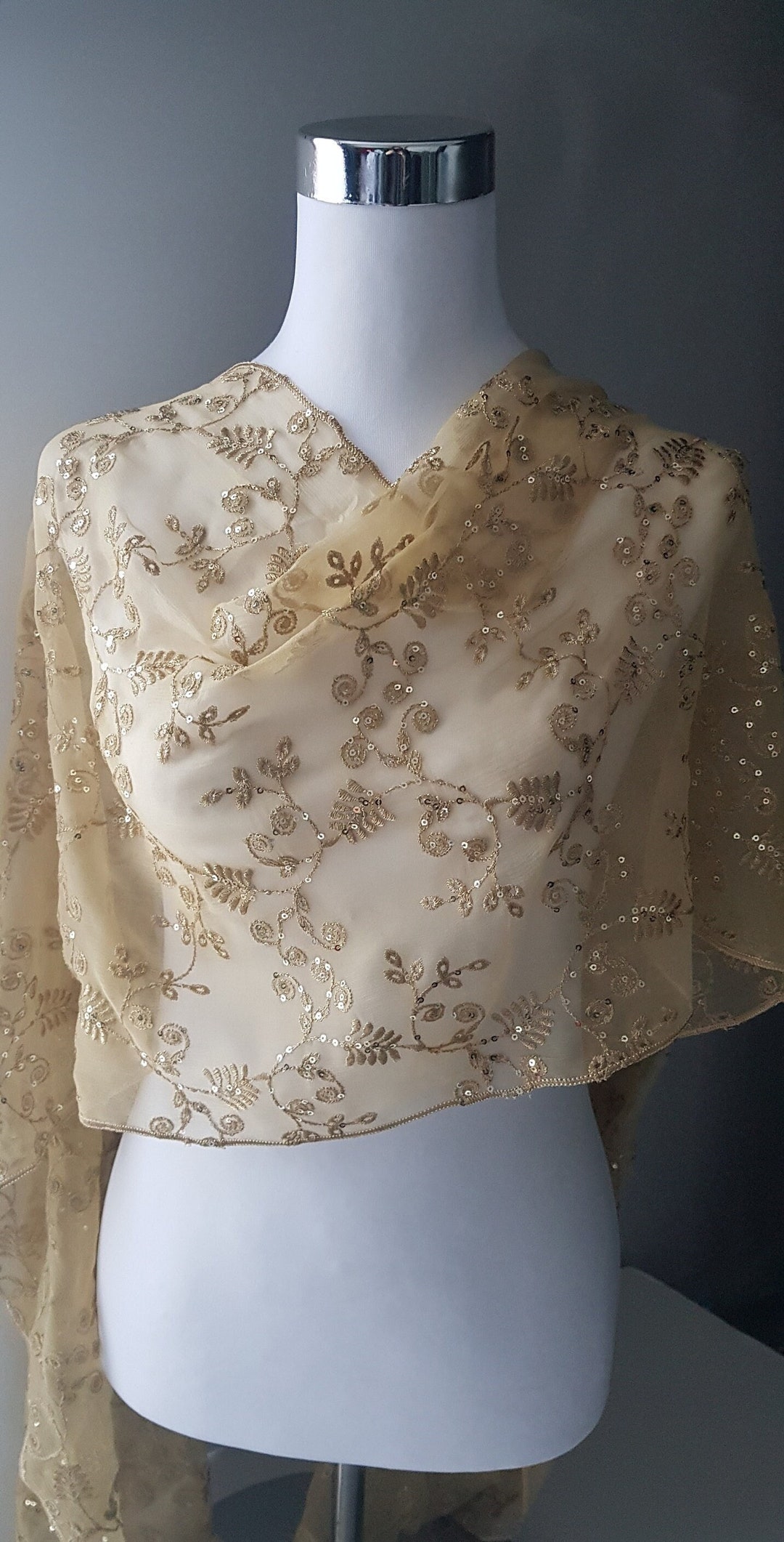 Gold Chiffon Shawl, Floral Scarf, Gold Floral Shawl, Gold Shawl, Gold ...