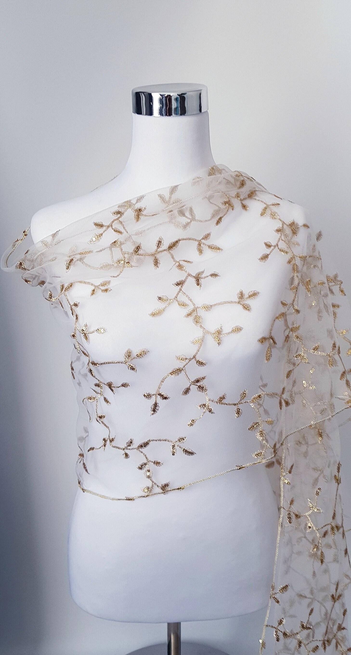 Gold Shawl. Gold Scarf. Gold Net Shawl. Gold Thread Embroidery on White ...