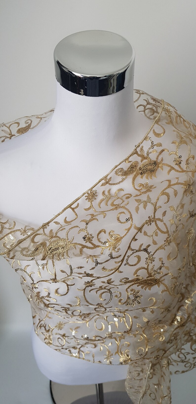 Gold Shawl. Gold Scarf. Gold Embroidery on Ivory Organza Shawl. Gold ...