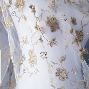 Gold Net Shawl, Floral Wrap, Gold Embroidered Scarf, Gold Wrap, Gold ...