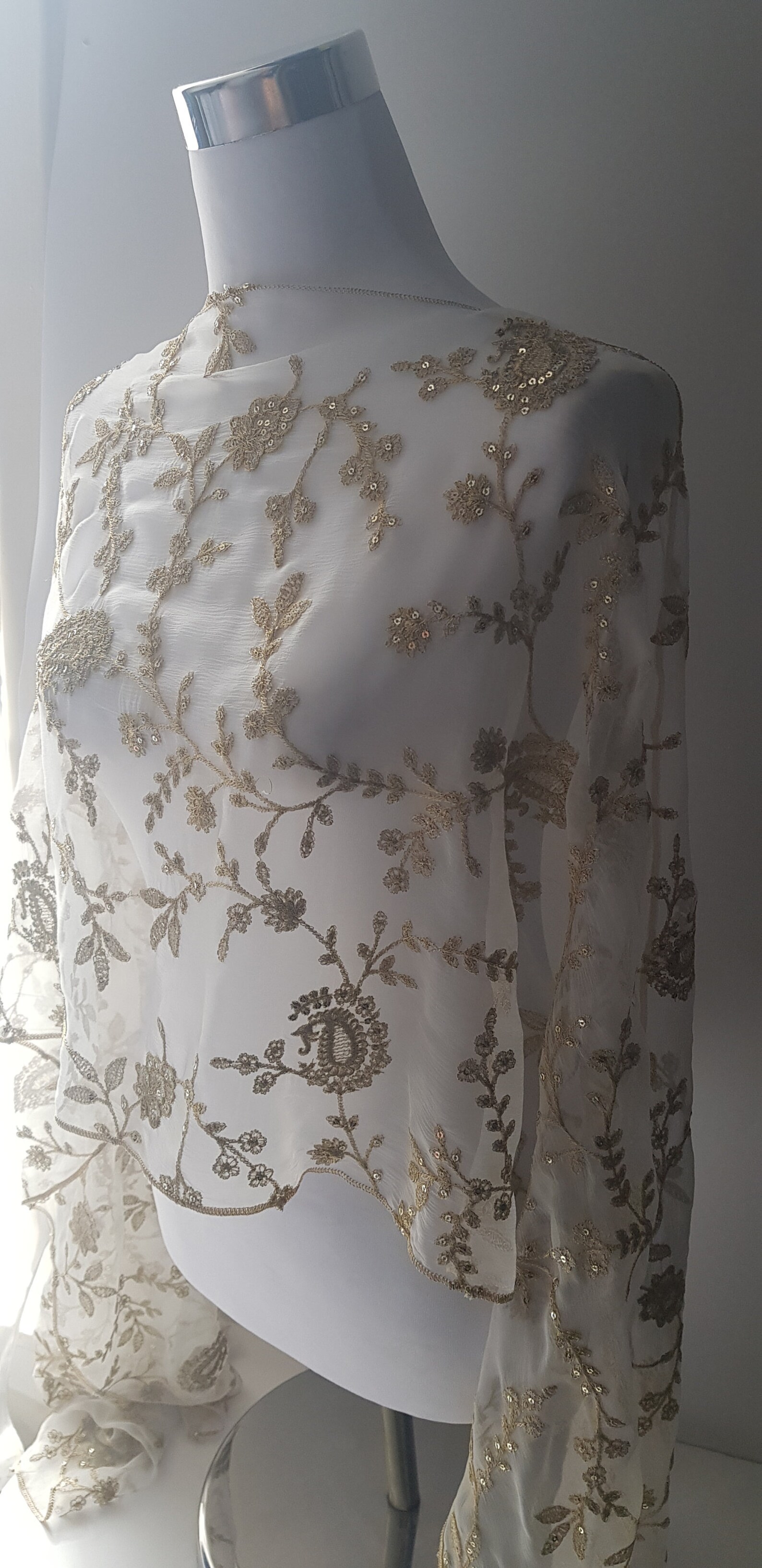 Gold Shawl Ivory Chiffon Shawl With Gold Floral Embroidery. - Etsy