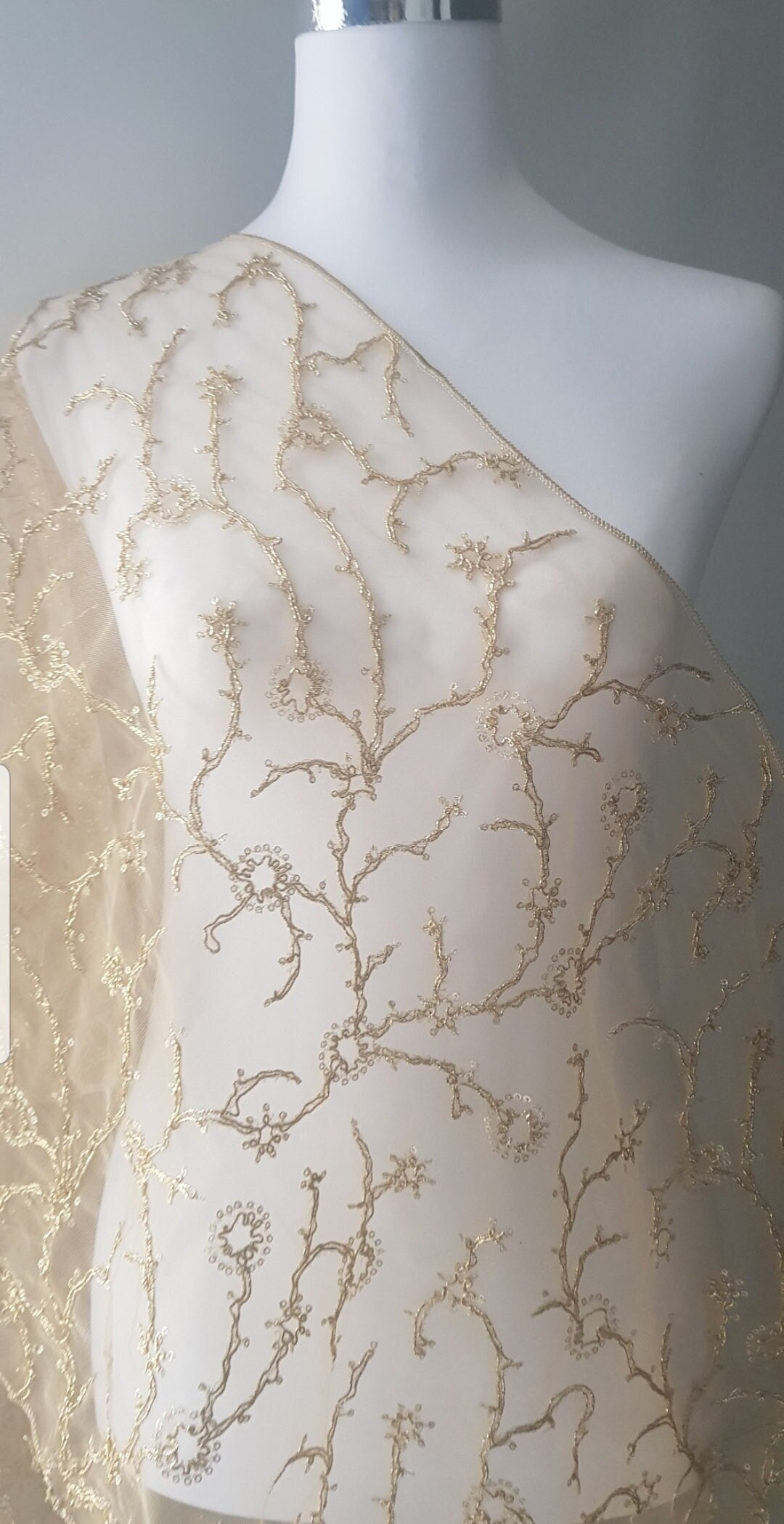 Gold Net Shawl, Floral Wrap, Gold Embroidered Scarf, Gold Wrap, Gold ...