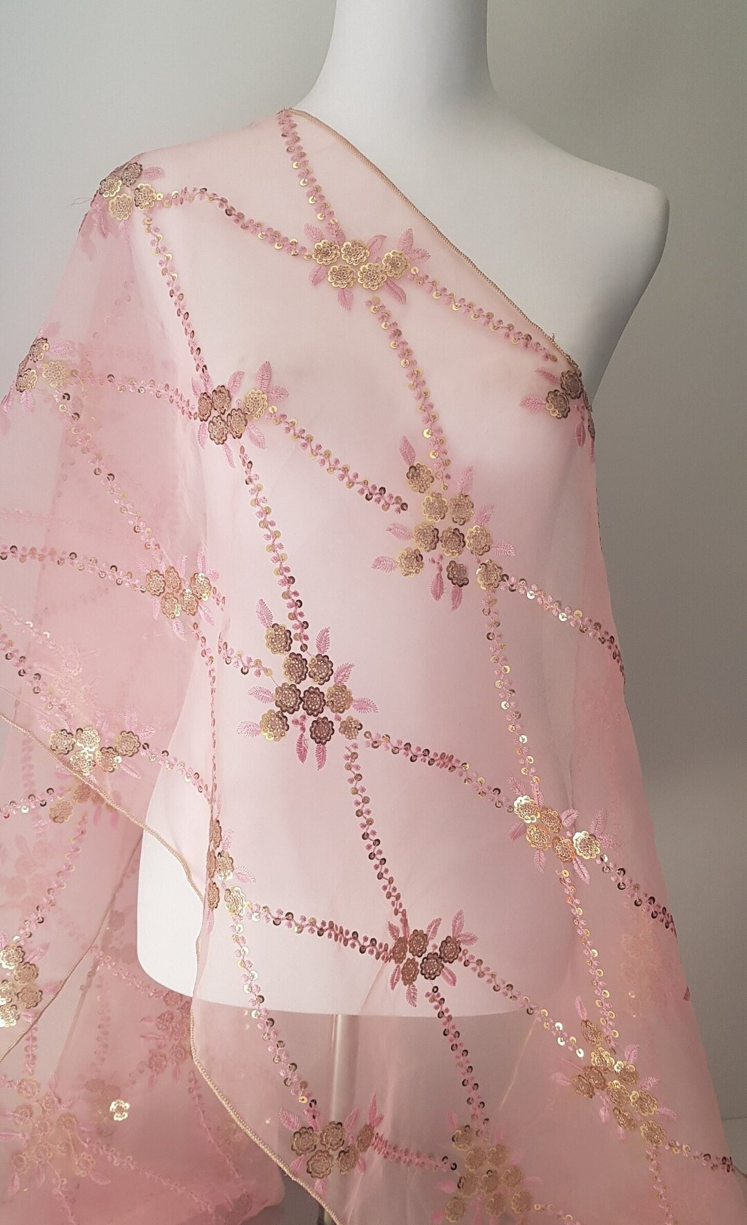 Pink Shawl. Pink Scarf. Gold Embroidery on Pink Organza Shawl. Pink ...