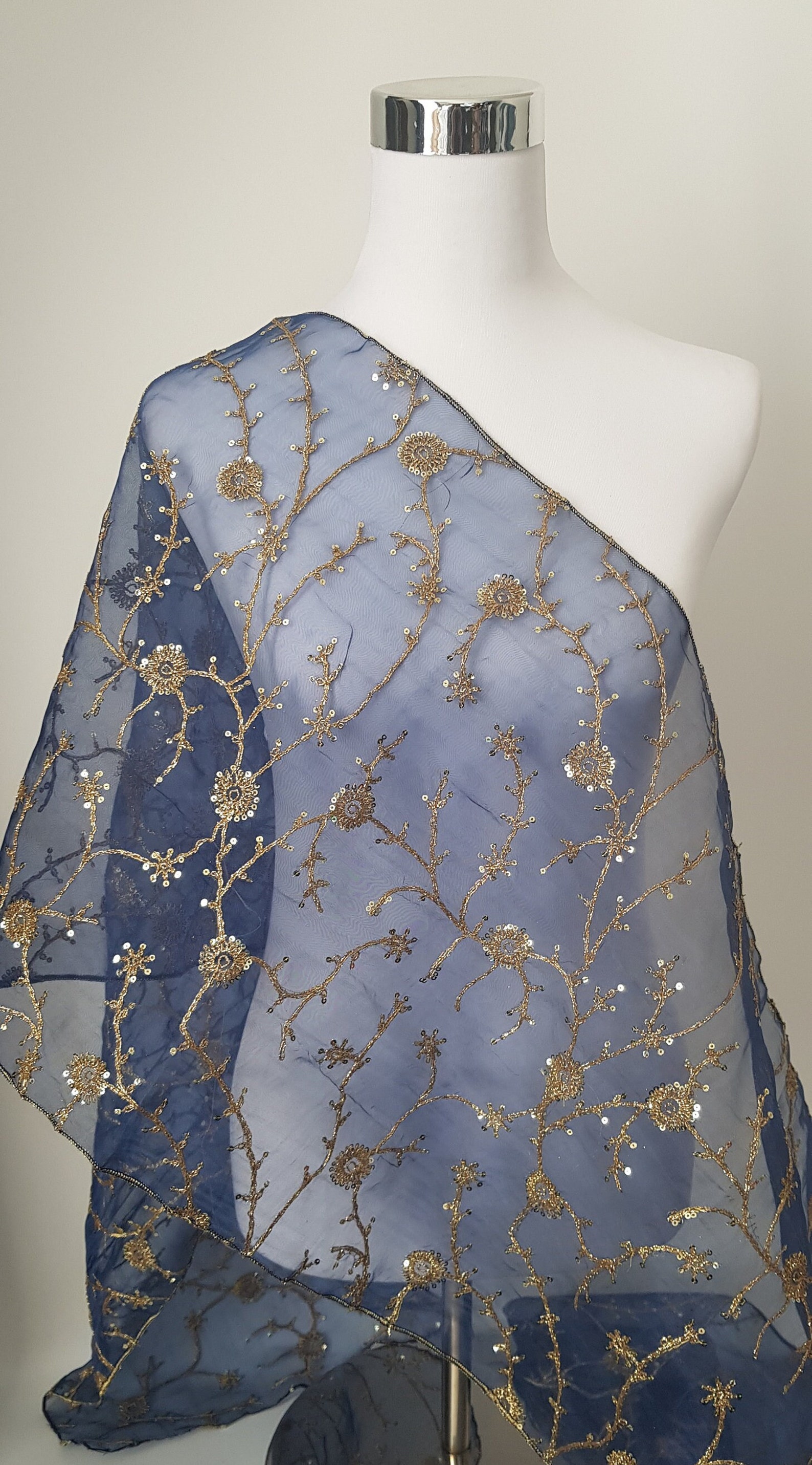 Blue Shawl. Blue Scarf. Blue and Gold Embroidered Shawl. Blue Wedding ...