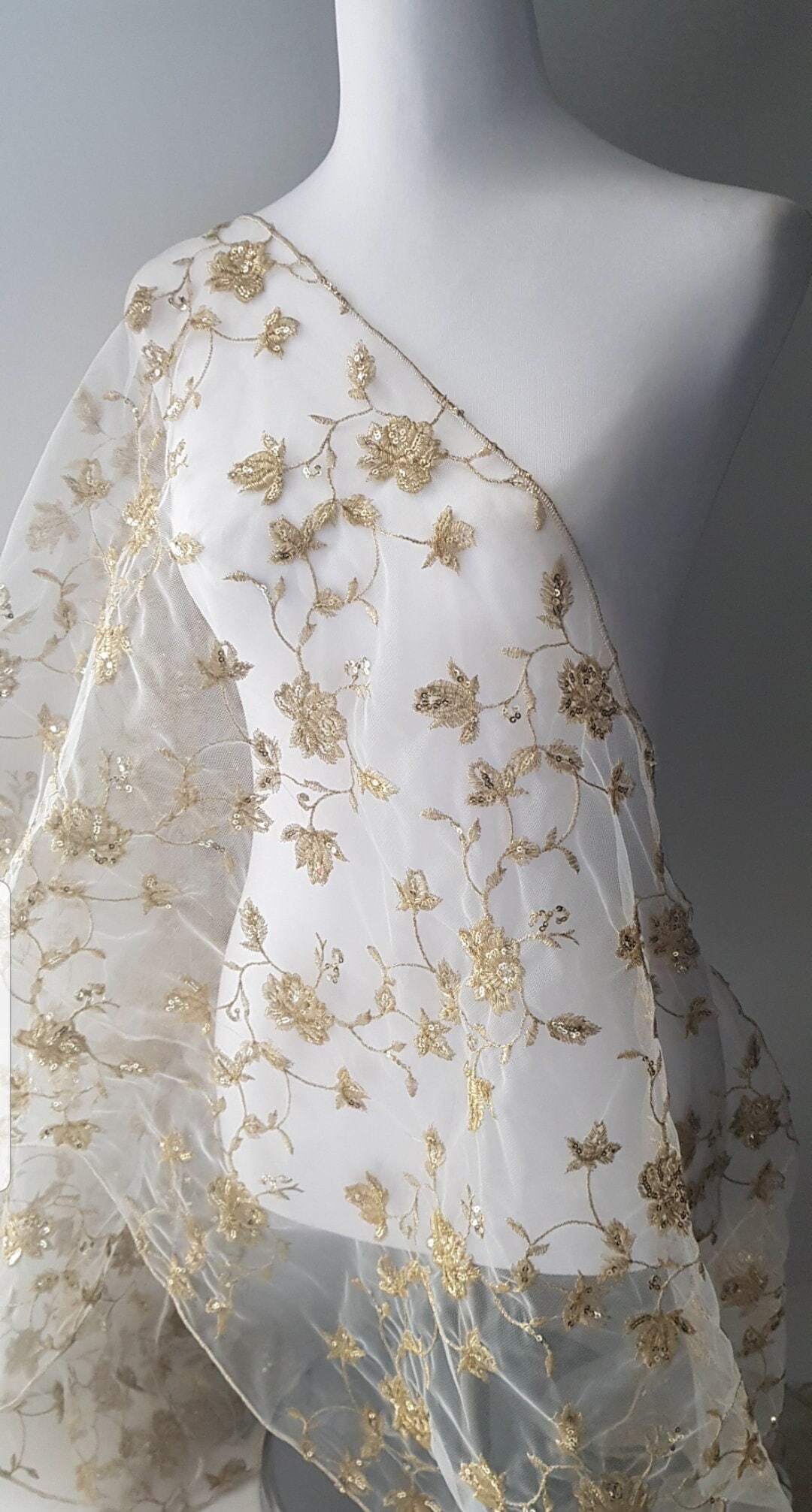 Gold Net Shawl, Floral Wrap, Gold Embroidered Scarf, Gold Wrap, Gold ...