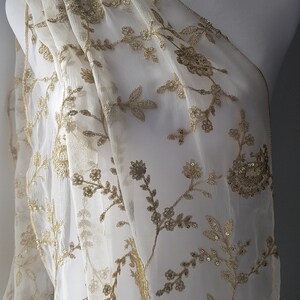 Gold Shawl, Ivory Chiffon Shawl With Gold Floral Embroidery. Gold Shawl ...