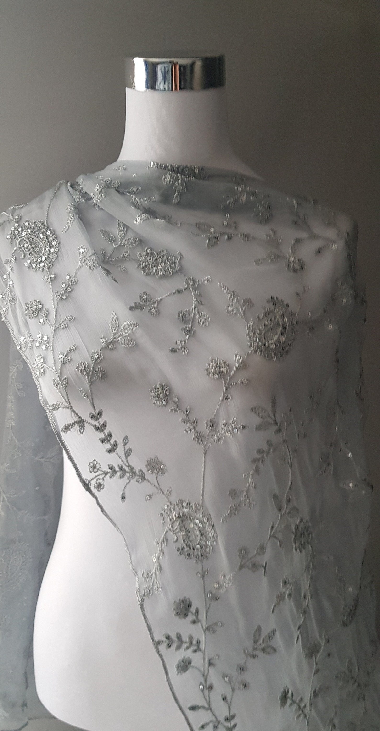 Silver Shawl Grey Chiffon Shawl With Silver Floral - Etsy