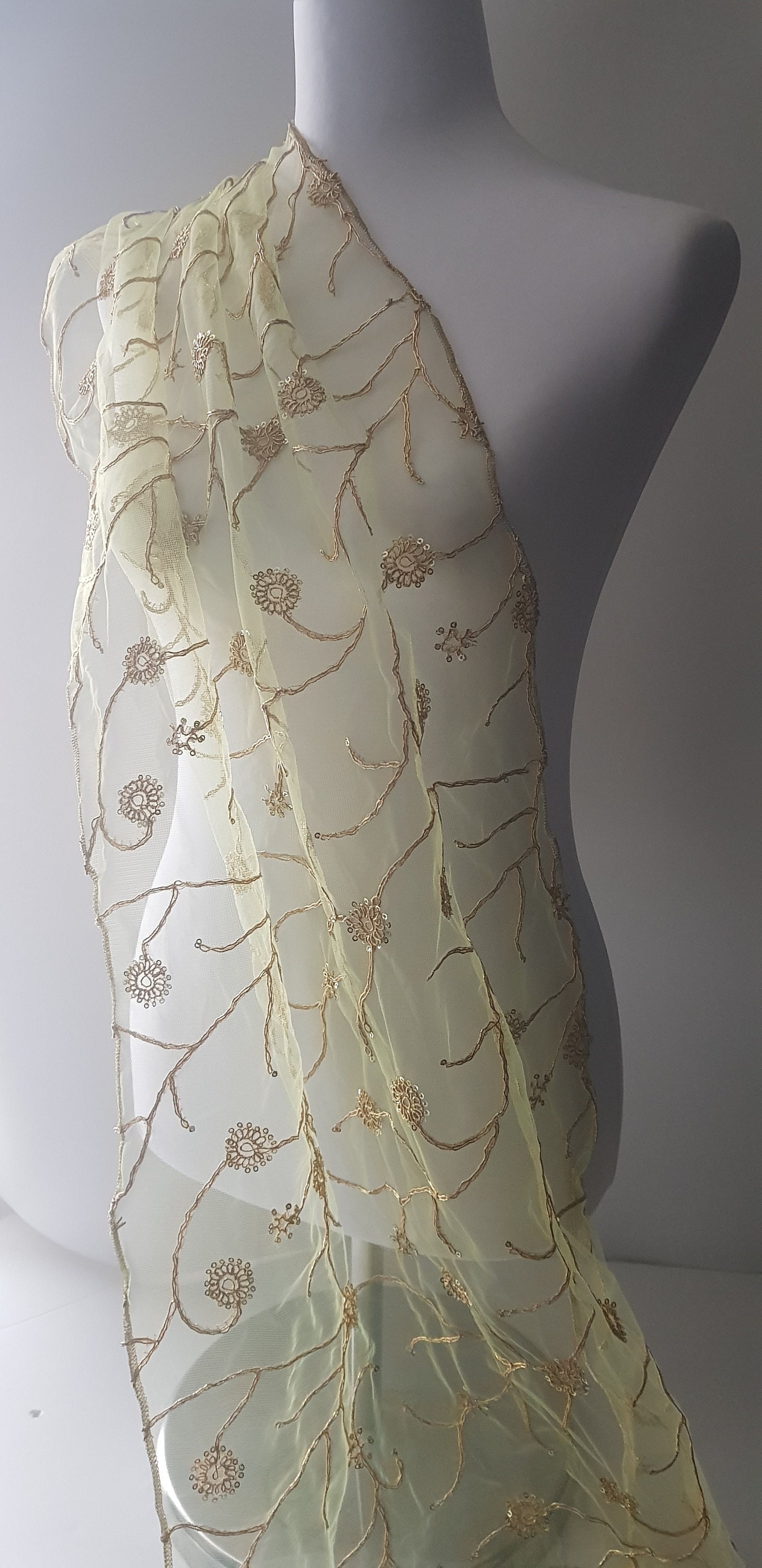 Lime Green and Gold Shawl. Green Net Scarf. Green Scarf With Gold ...