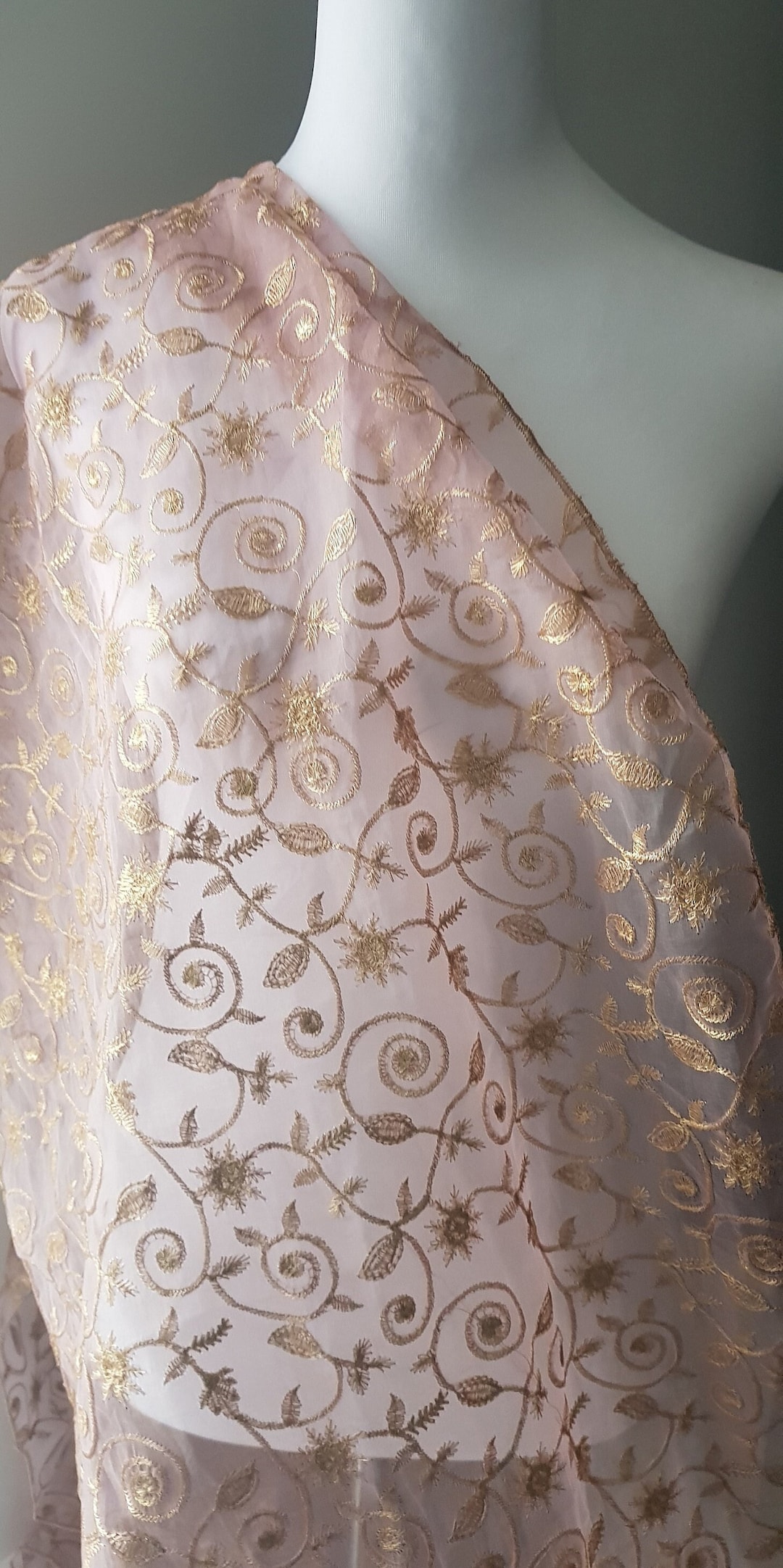 Dusky Pink Shawl. Gold Scarf. Gold Embroidery on Pink Organza Shawl ...