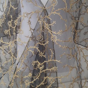Black and Gold Shawl. Black Net Scarf. Black Scarf With Gold Embroidery ...