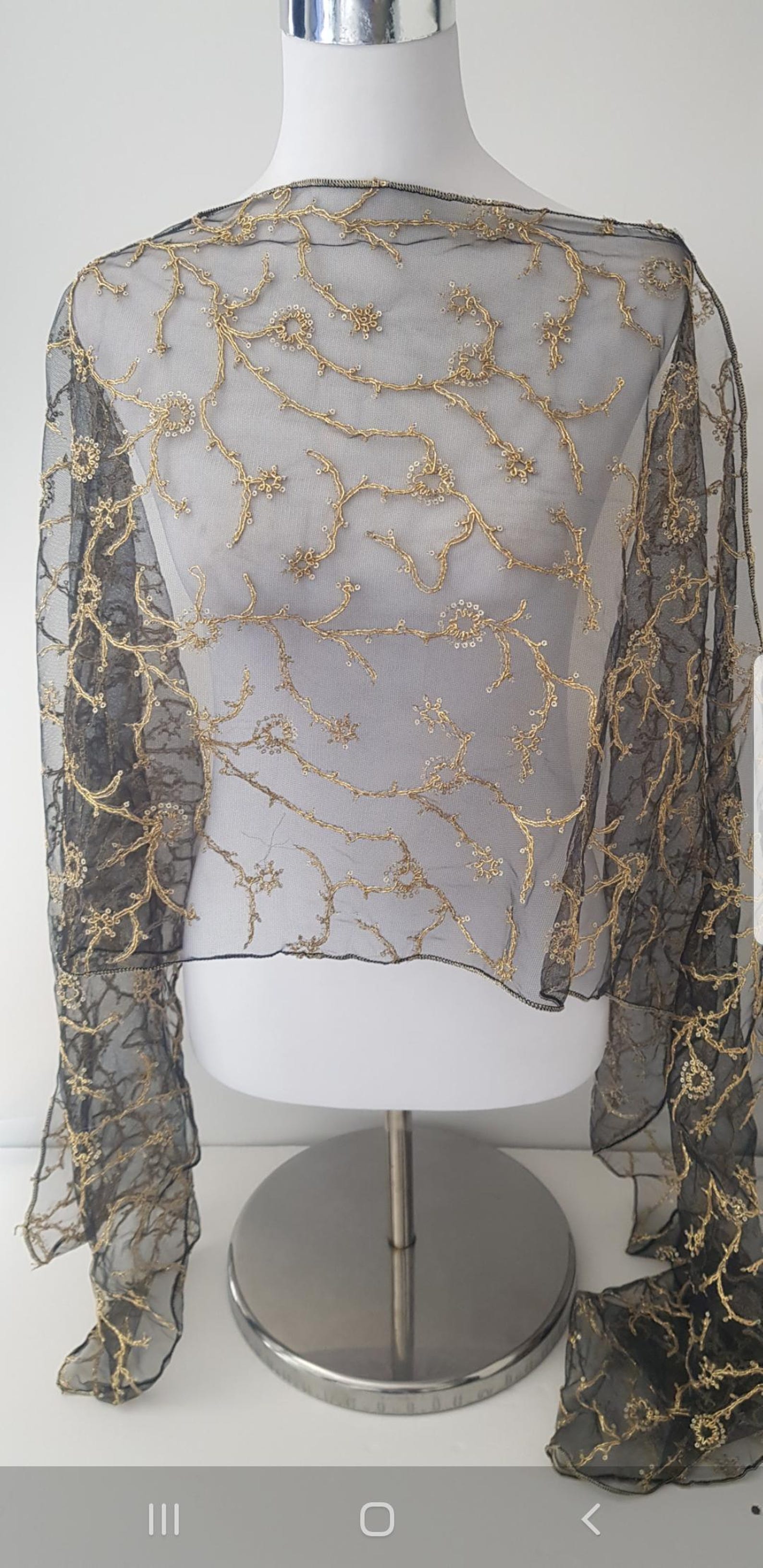 Black and Gold Shawl. Black Net Scarf. Black Scarf With Gold Embroidery ...