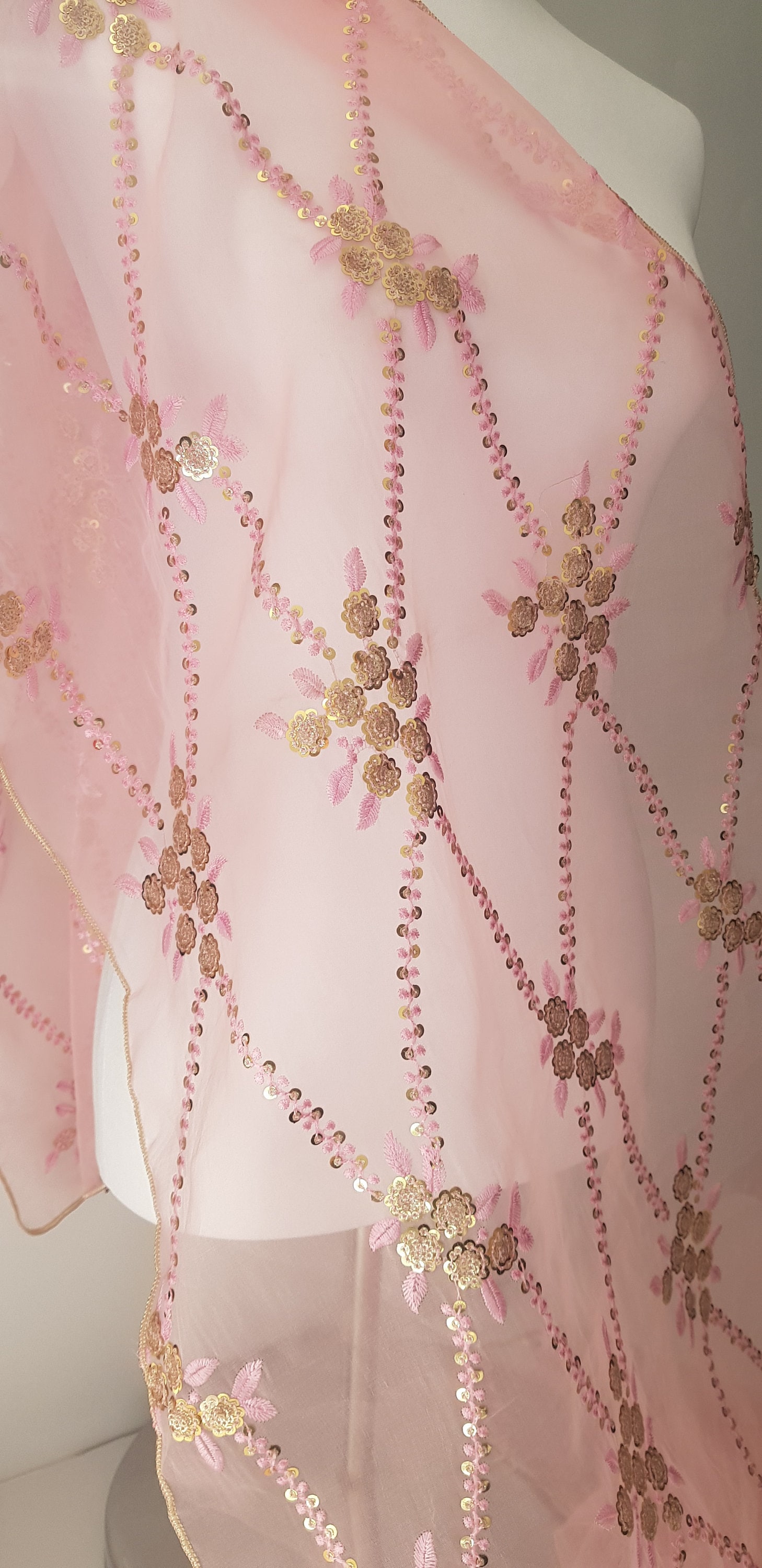 Pink Shawl. Pink Scarf. Gold Embroidery on Pink Organza Shawl. Pink ...