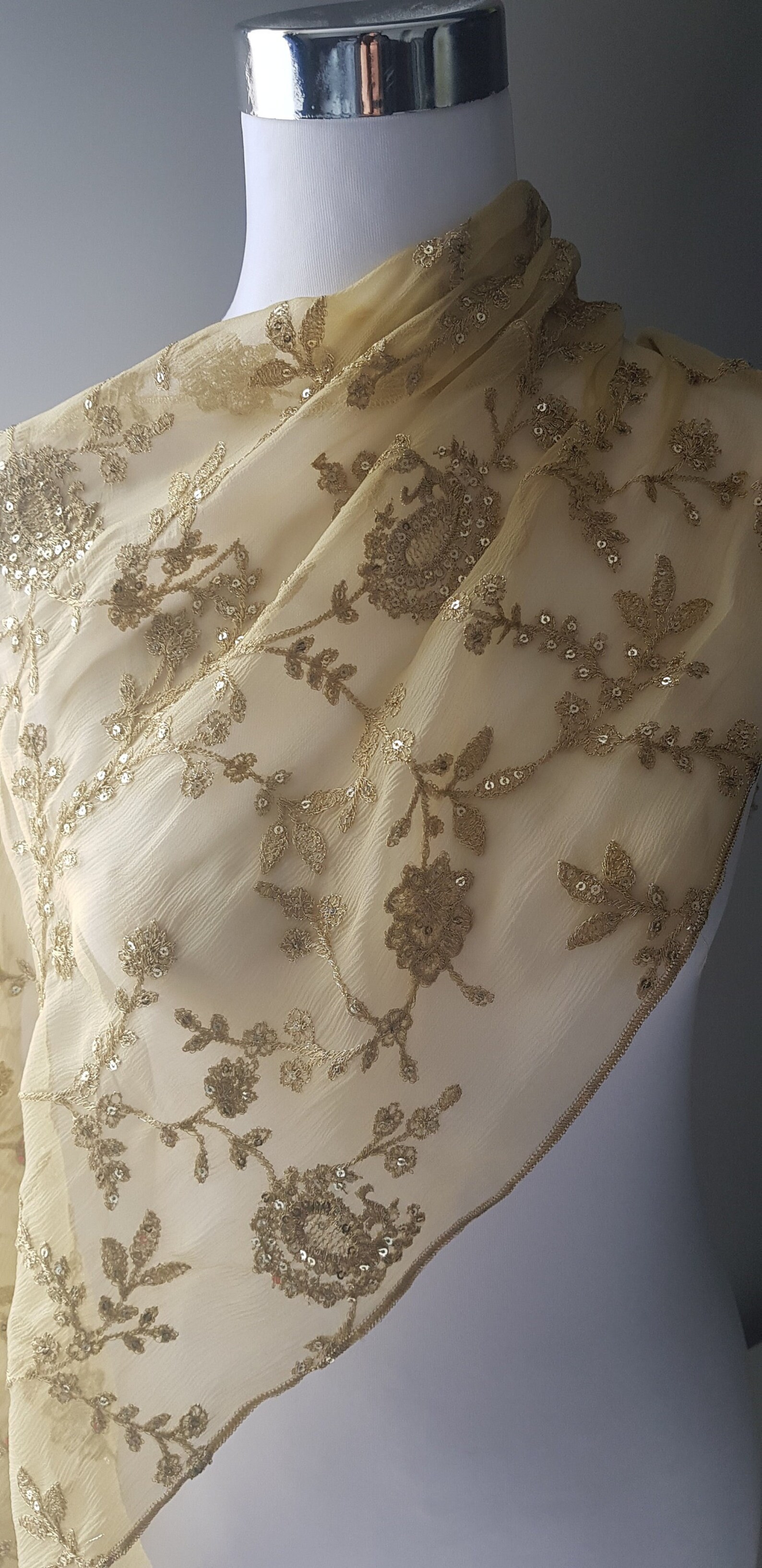 Gold Chiffon Shawl, Floral Scarf, Gold Floral Shawl, Gold Shawl, Gold ...