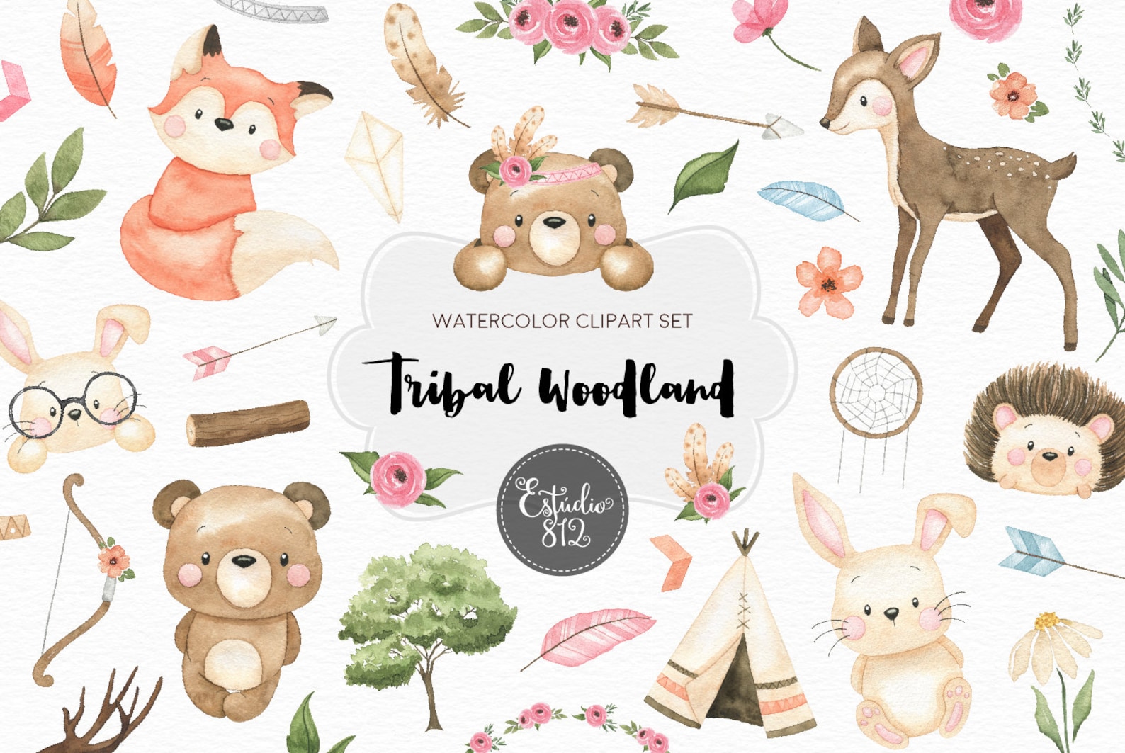 Woodland Nursery Clipart Woodland Animals Watercolor Digital - Etsy